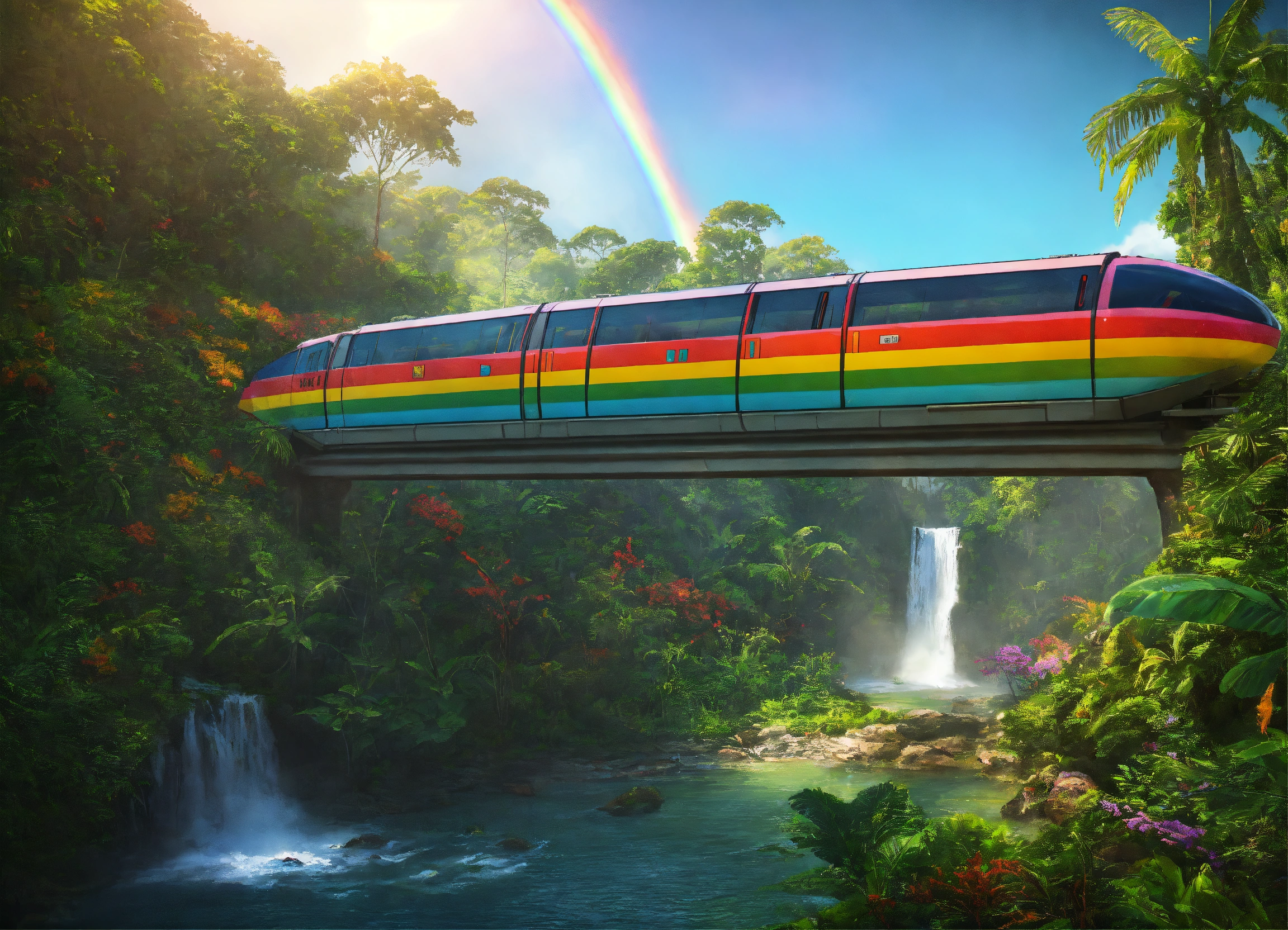 Lexica - Rainbow monorail running through the jungle, 8k , masterpiece