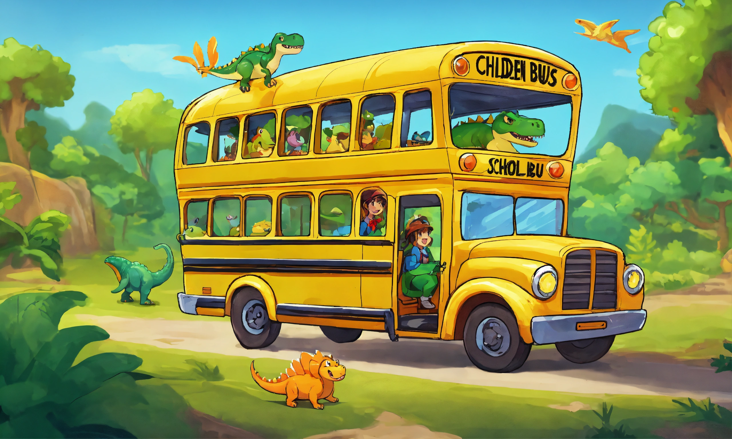 Lexica - Cartoon cute dino in the form Children school bus, 2d cartoon ...
