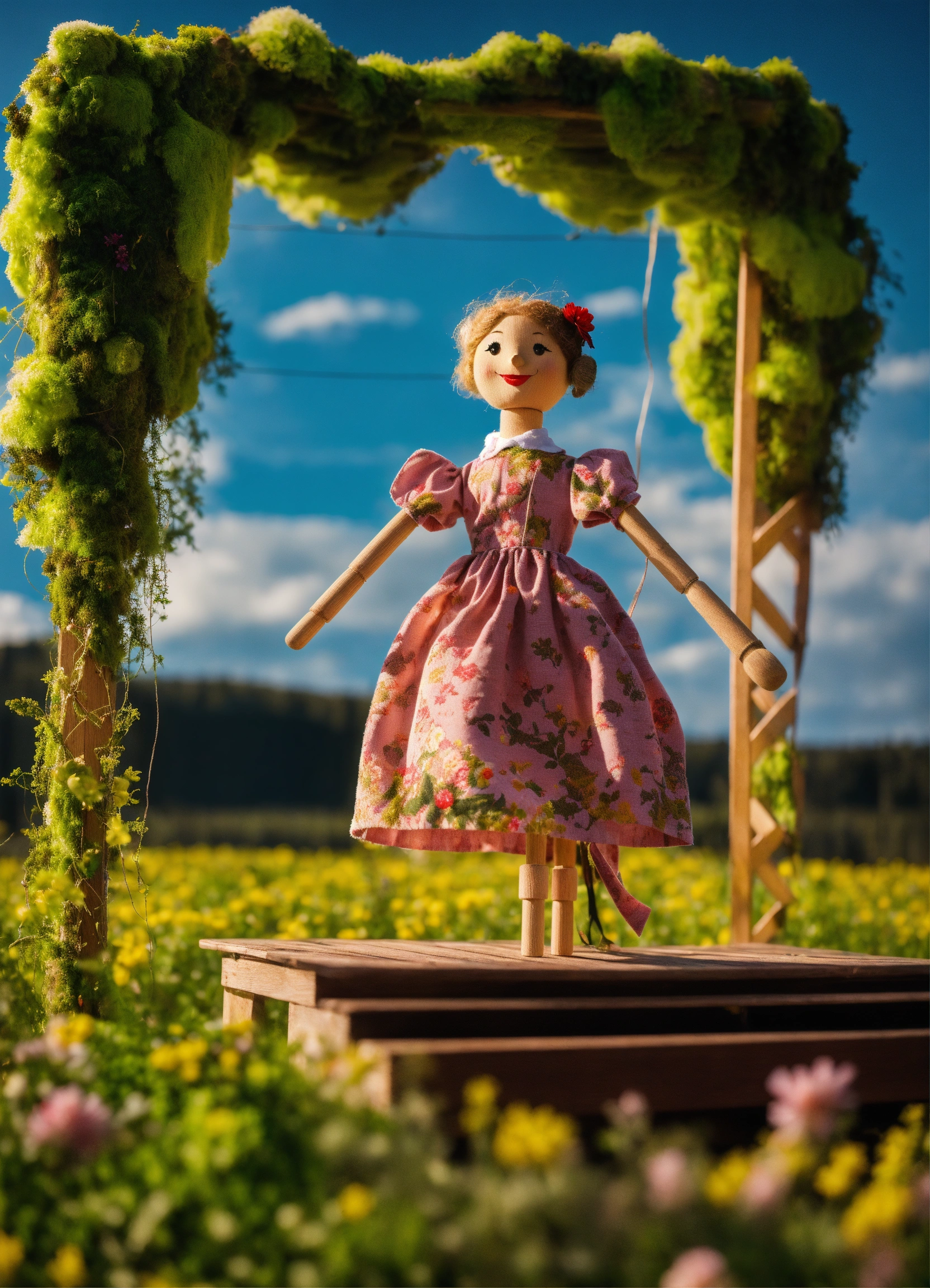 Lexica - One wooden puppet, a girl , happy, dressed in Steiner style ...