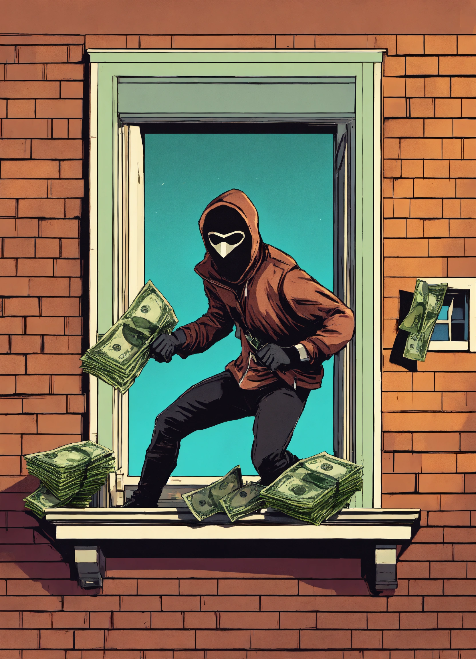 Lexica - Masked robber escaping out of a house by a window holding ...