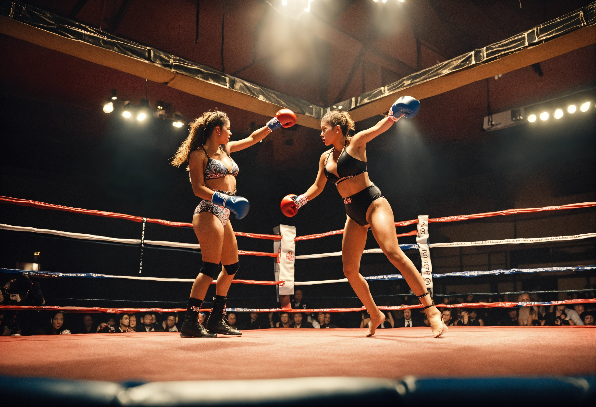 Lexica - Two females, in monokini, 38D cup, fighting in boxing ring