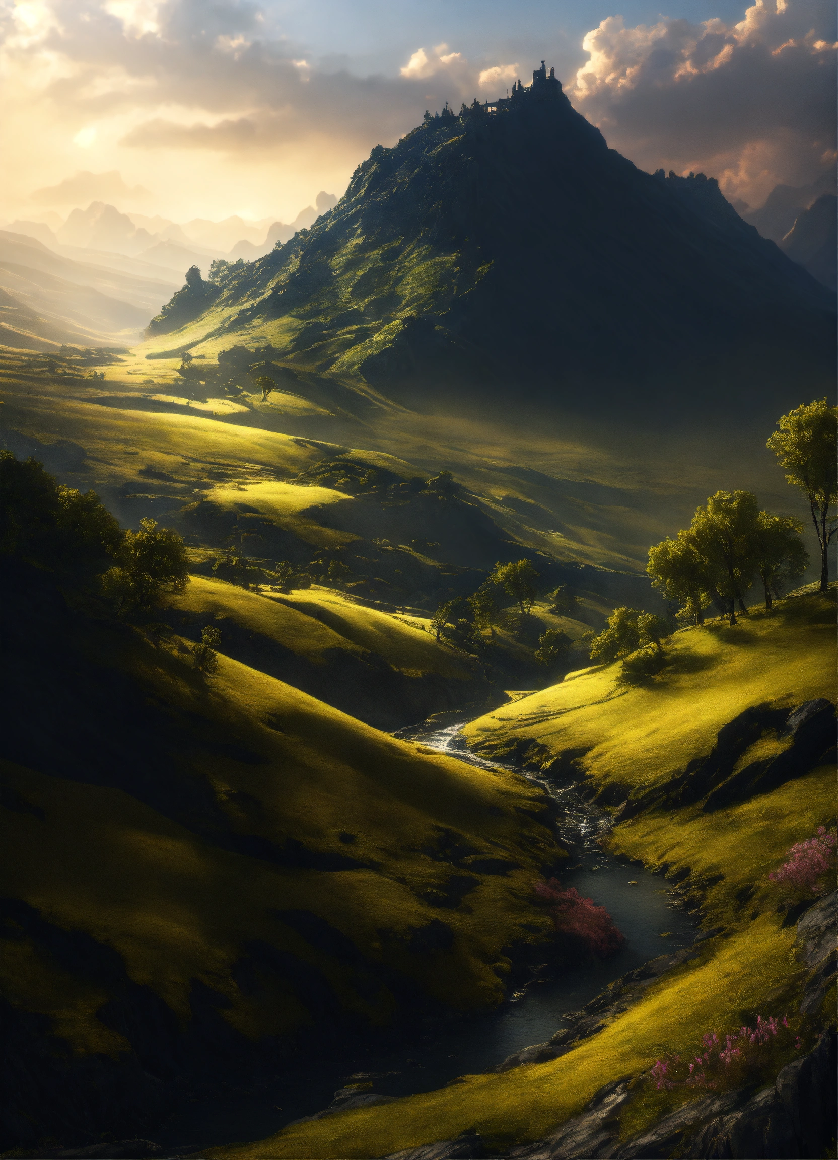 Lexica - A fantasy landscape of a shadows cascading over a hillside as ...