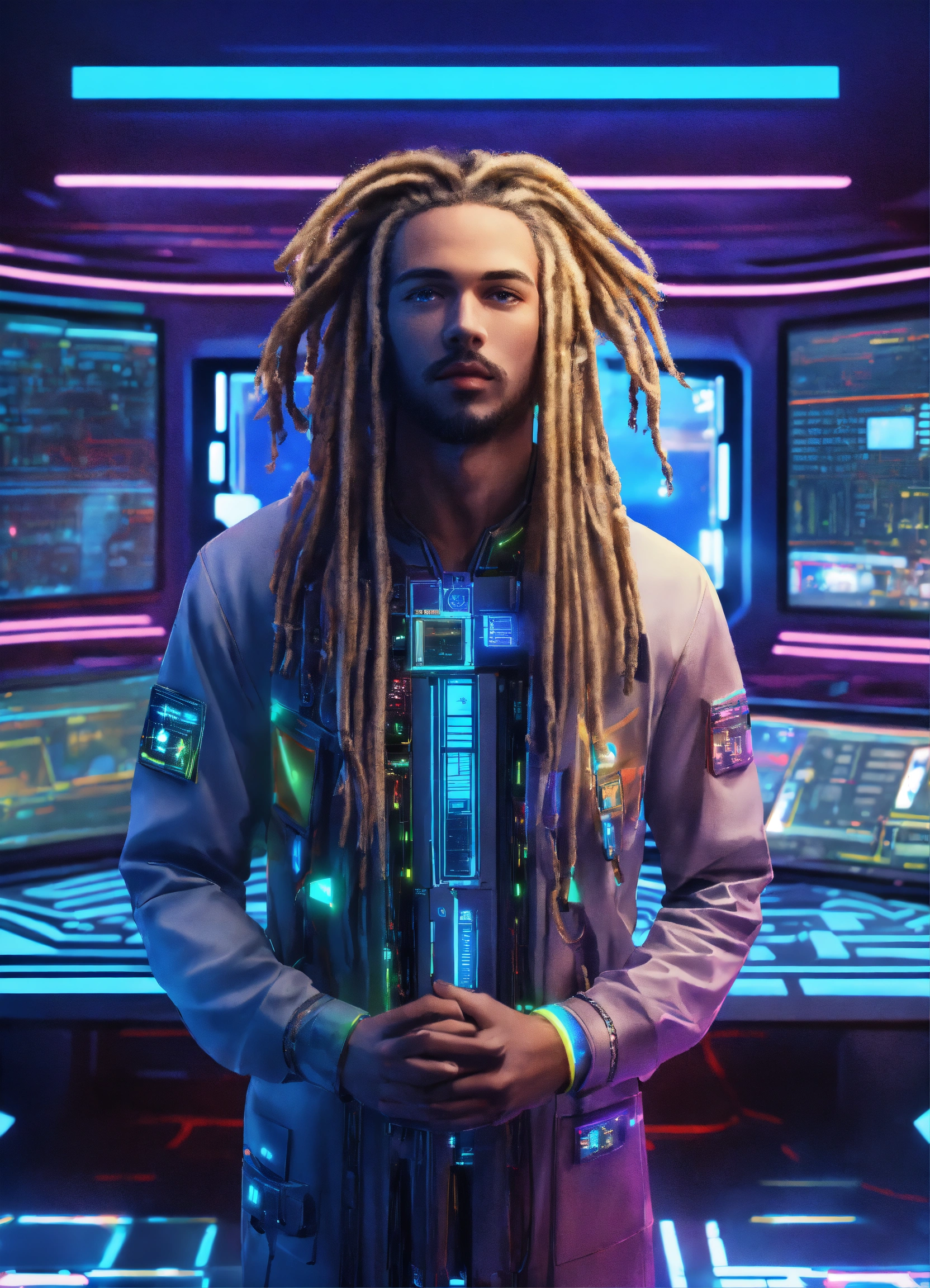 Lexica - Caucasian male with long blonde dreadlocks wearing futuristic ...
