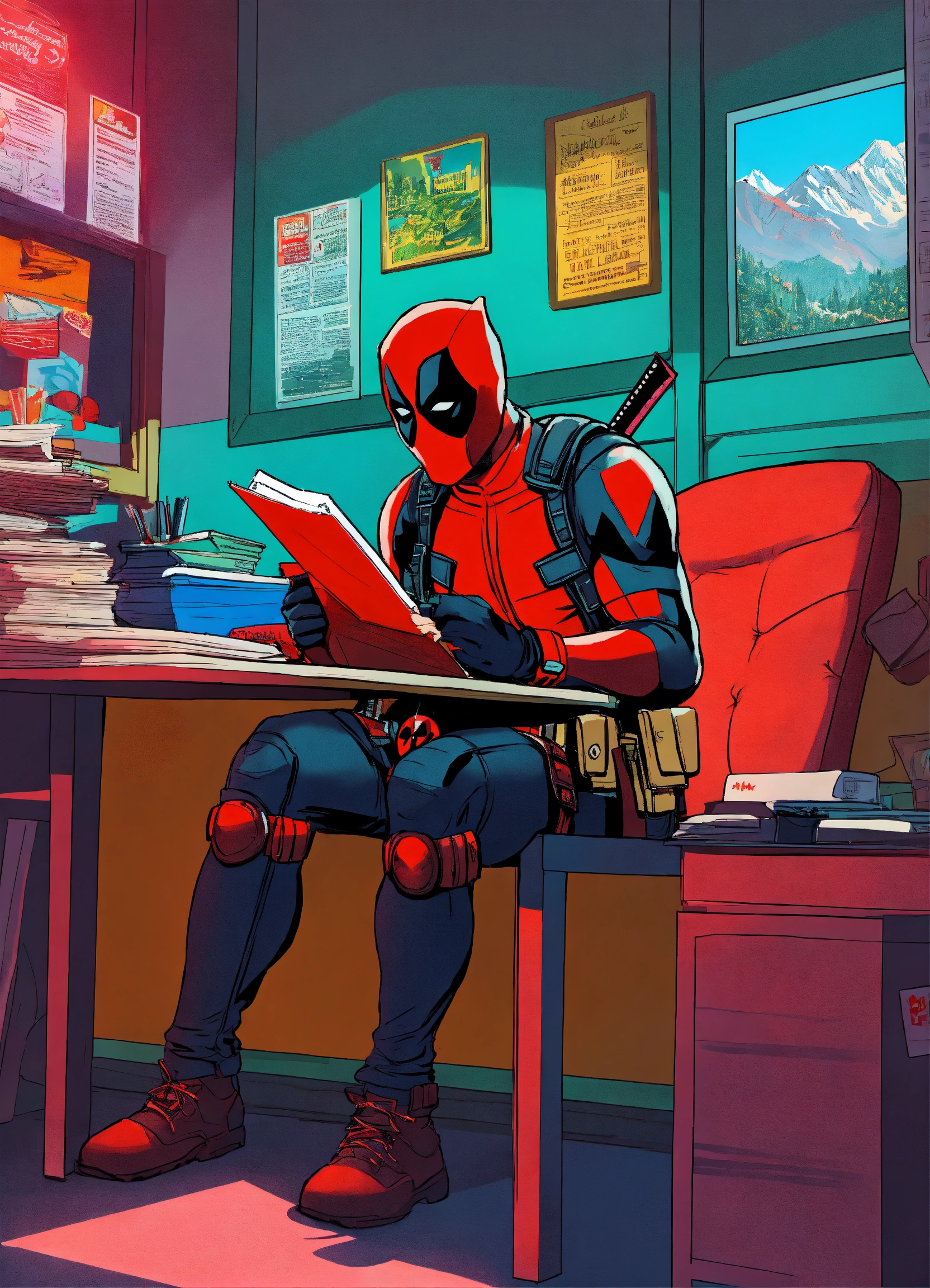 Lexica - The picture is entitled "CAPITAL". Deadpool is reading a red ...