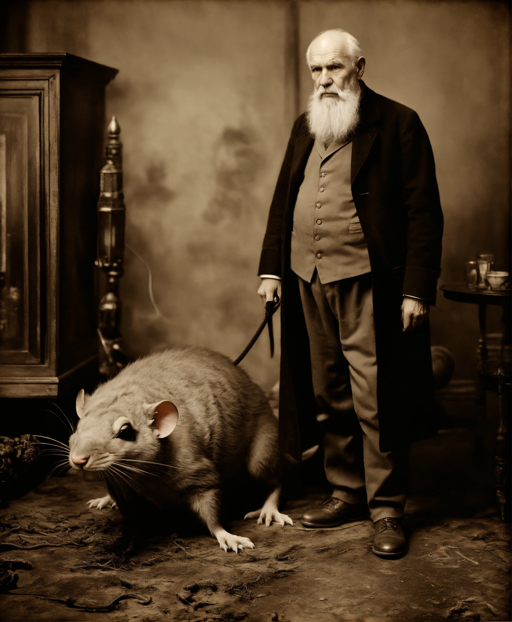 Lexica - Old man standing next to a giant mouse monster, in the style ...