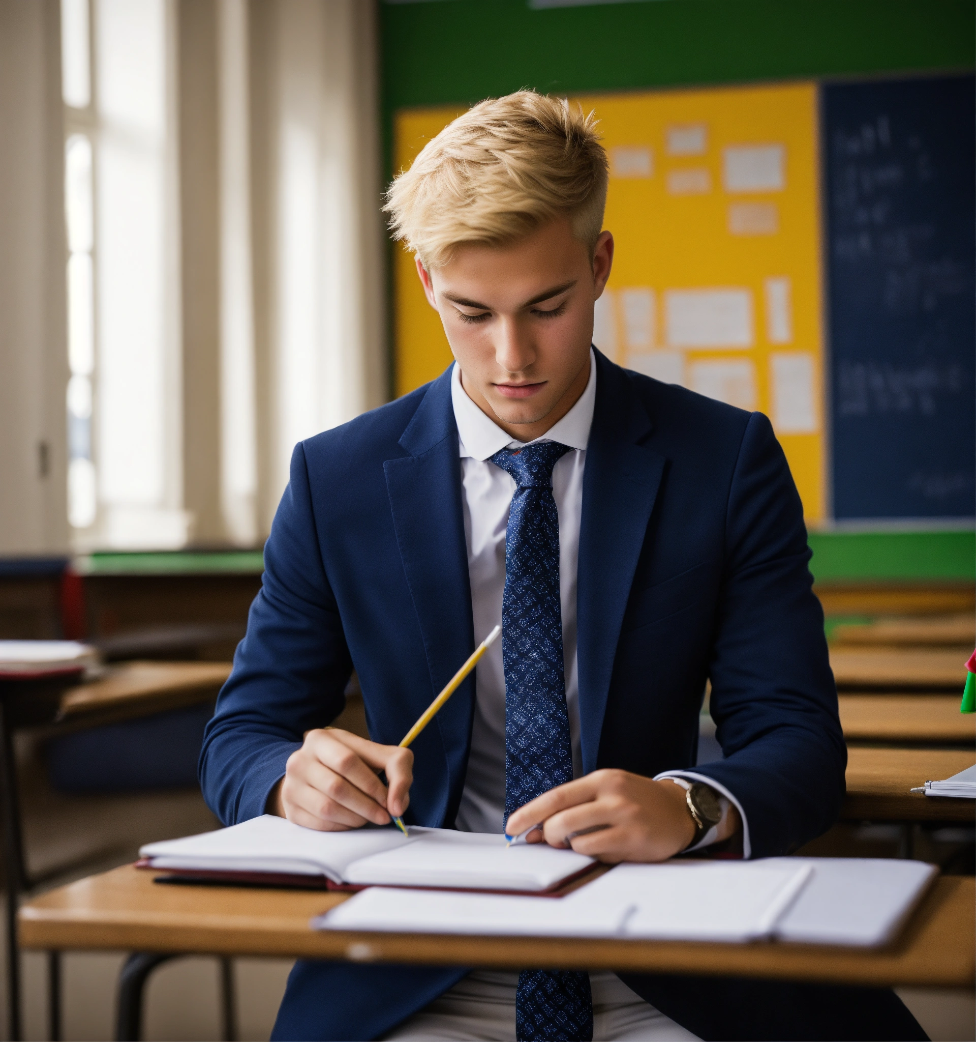 Lexica - A preppy blonde male student in navy blazer, white pants, club ...