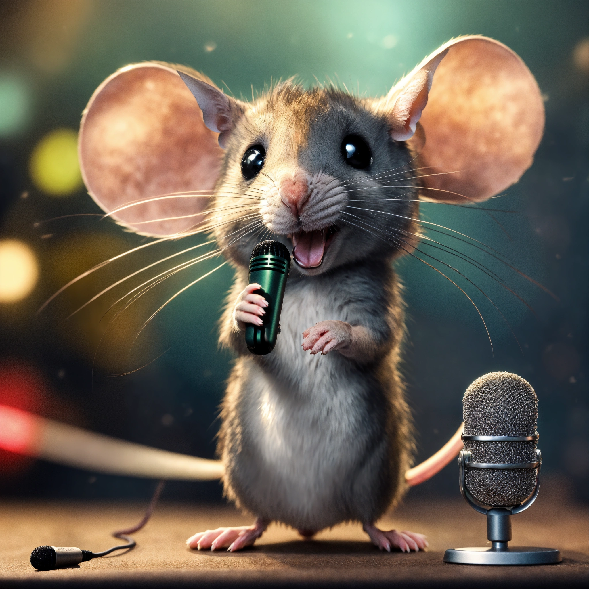 Lexica - A female mouse singing in a microphone, looking like a rock star