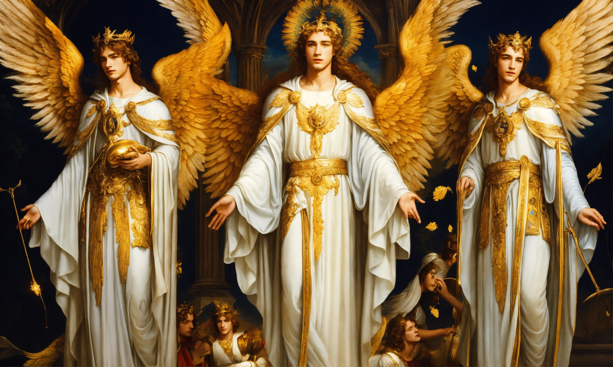 Lexica - Three male archangels with beautiful wings and white clothes