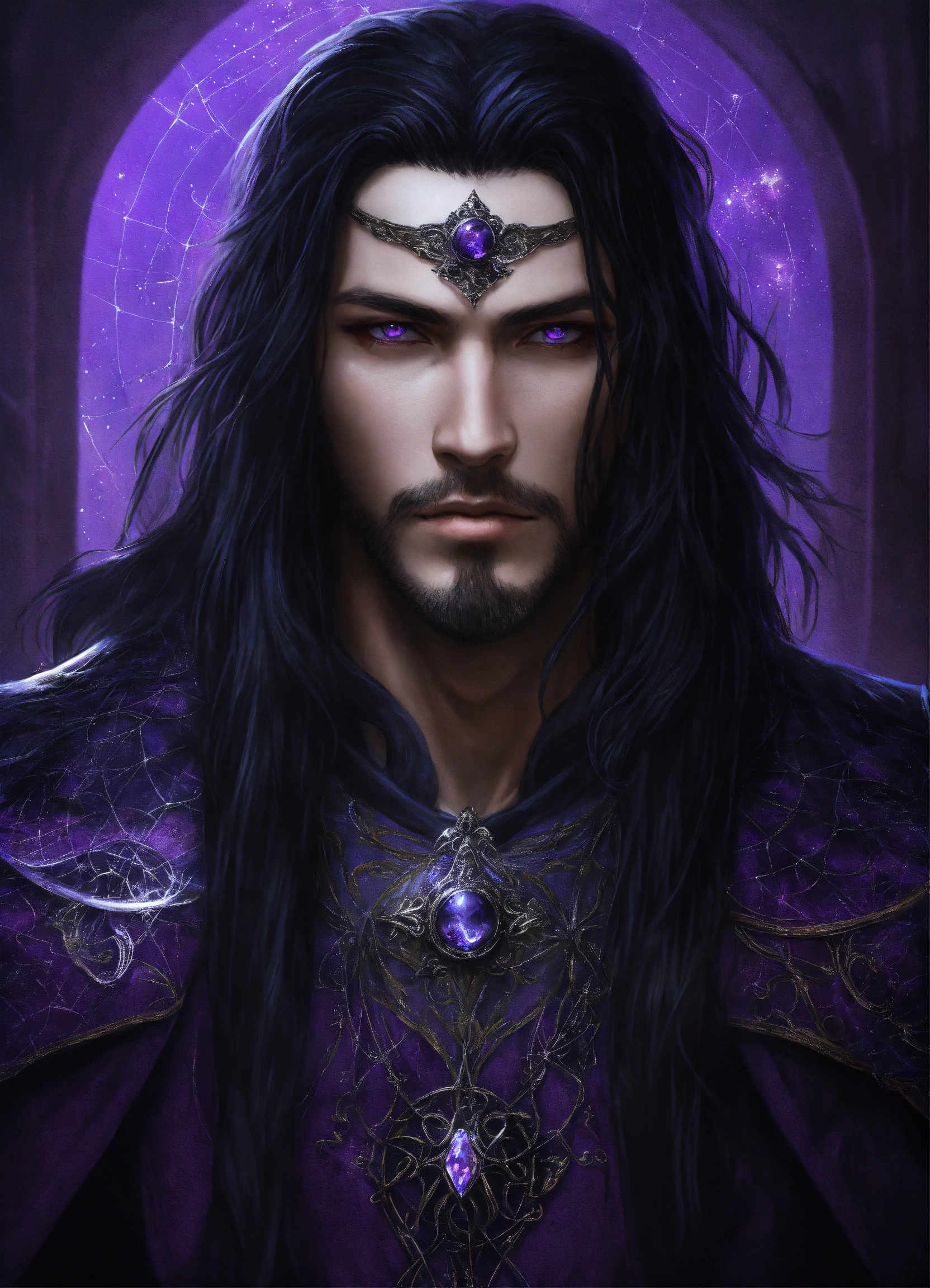 Lexica - "lord of the endless night", long black hair, male sorcerer ...