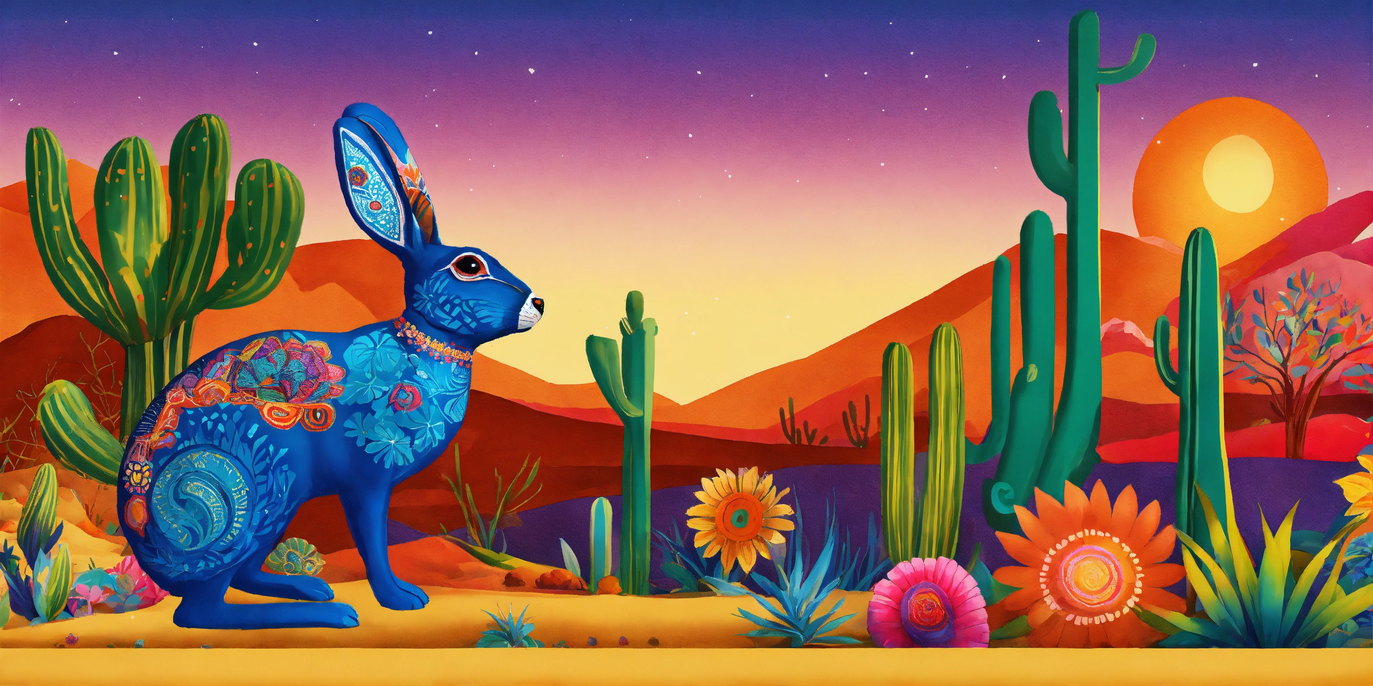 Lexica - Desert landscape with desert rabbit in alebrije Mexican folk ...