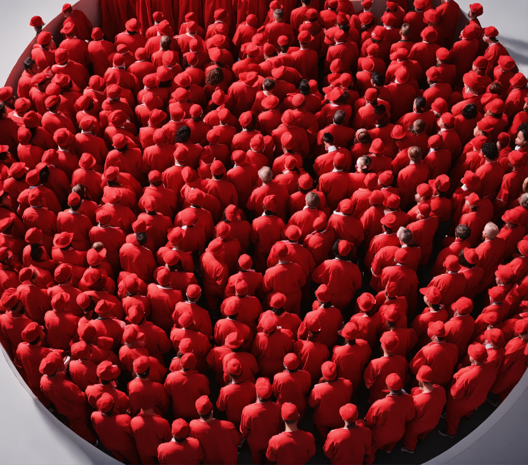Lexica - A realistic image of a crowd wearing red overalls on a white ...