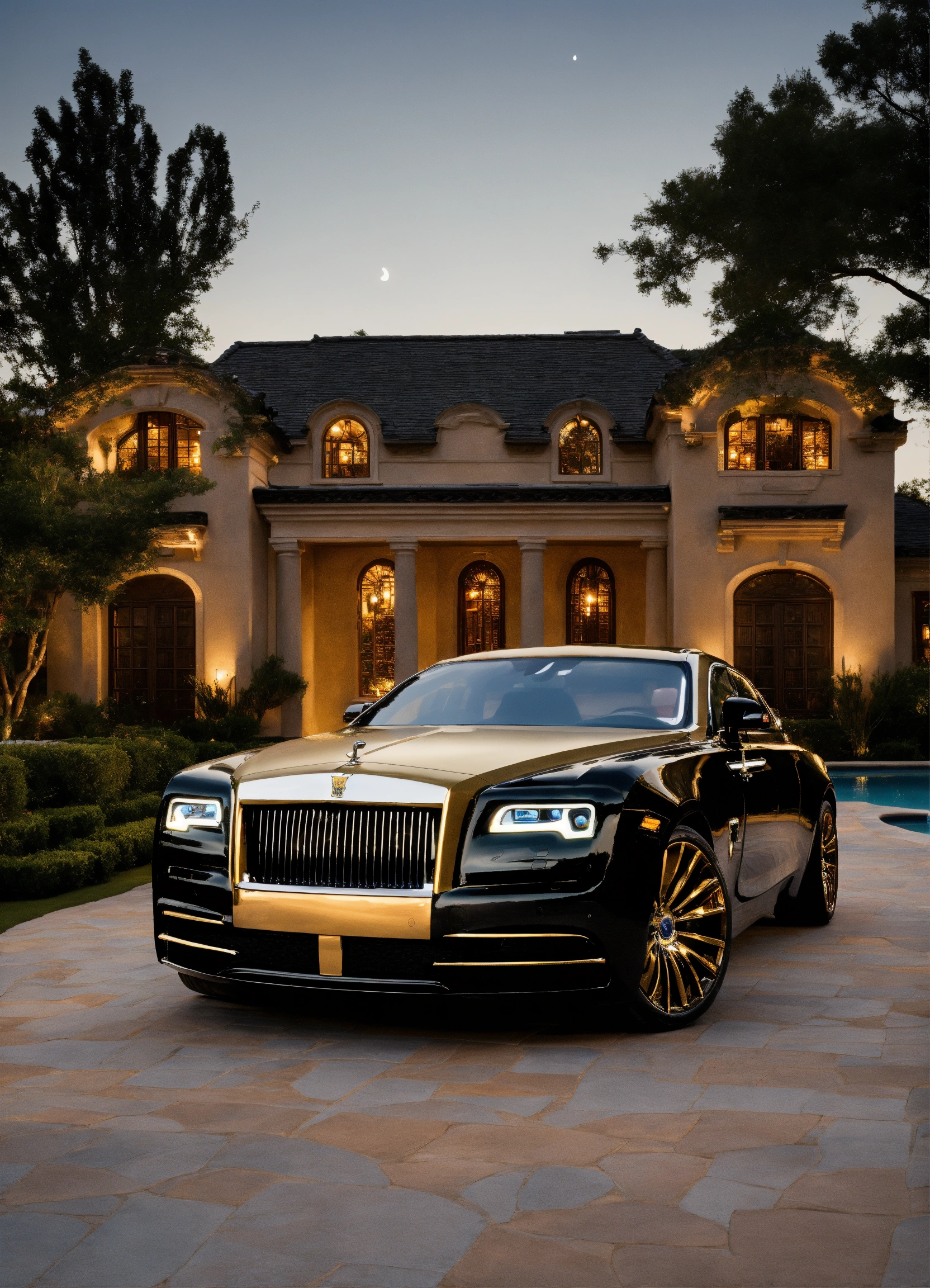 Lexica - 2020 rose Royce Wraith black and Gold with mansion background ...
