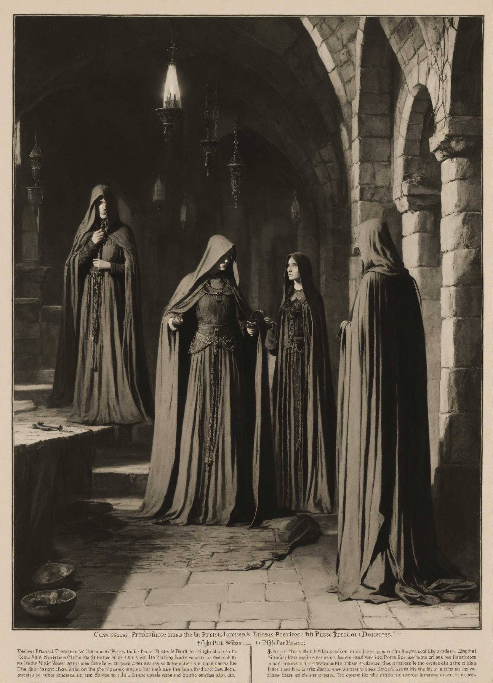 Lexica - Cursed Priestesses, in dungeon, tight cloaks, historical print