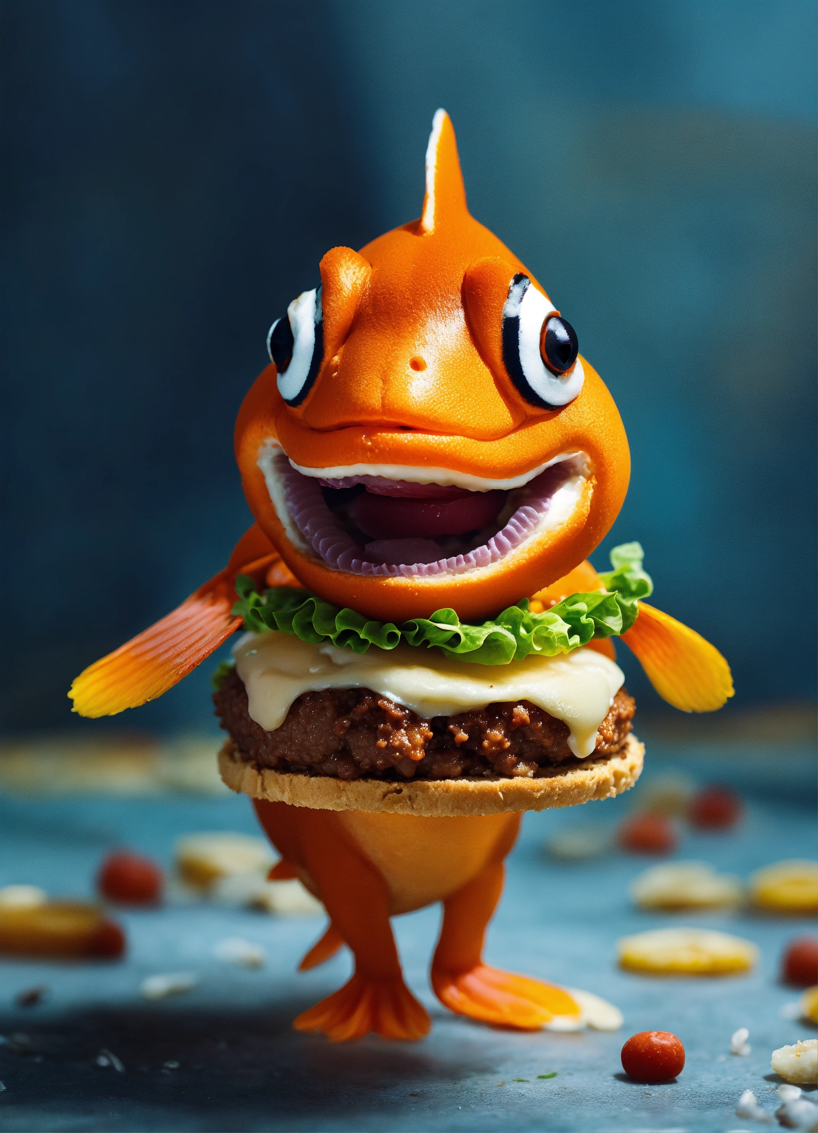 Lexica - A clownfish standing on 2 legs, eating hamburger, claymation, 8k