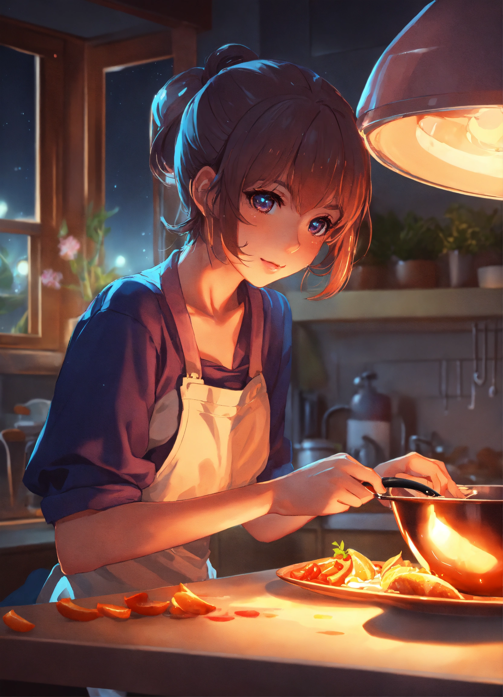 Lexica - A cute anime lofi girl cooking dinner at home during the night ...