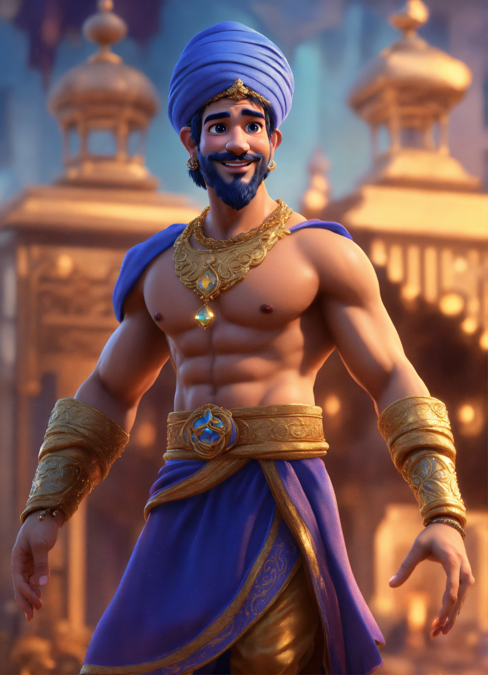 Lexica - Create a 3D rendering of a magical blue Arabian male genie ...