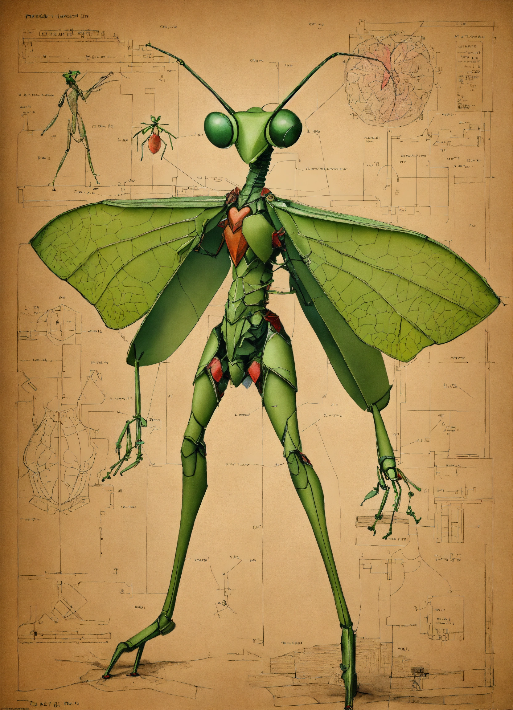 Lexica - Detailed schematics of a young woman of preying mantis, paper ...