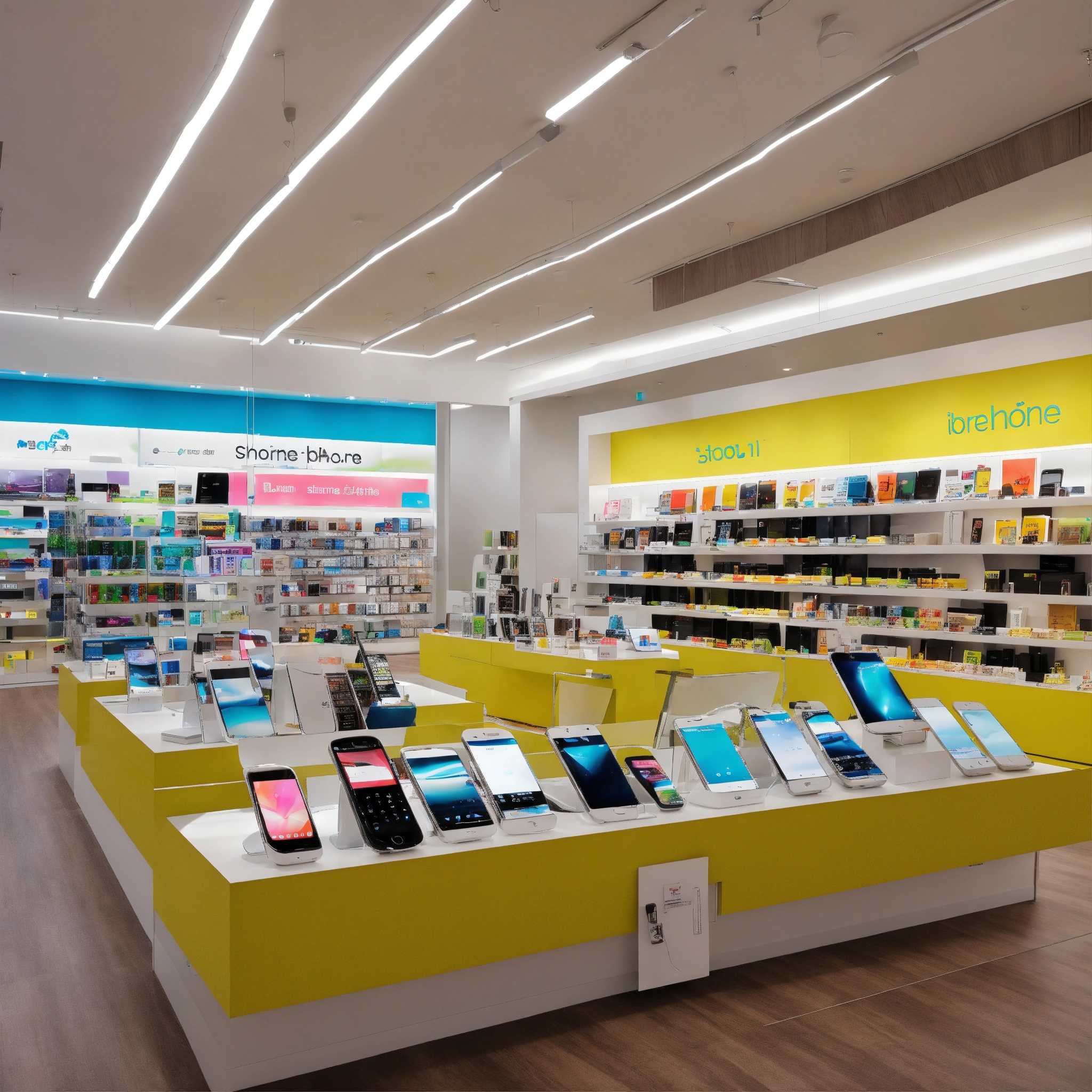 Lexica - A photo of a mobile phone store. The store is bright and ...