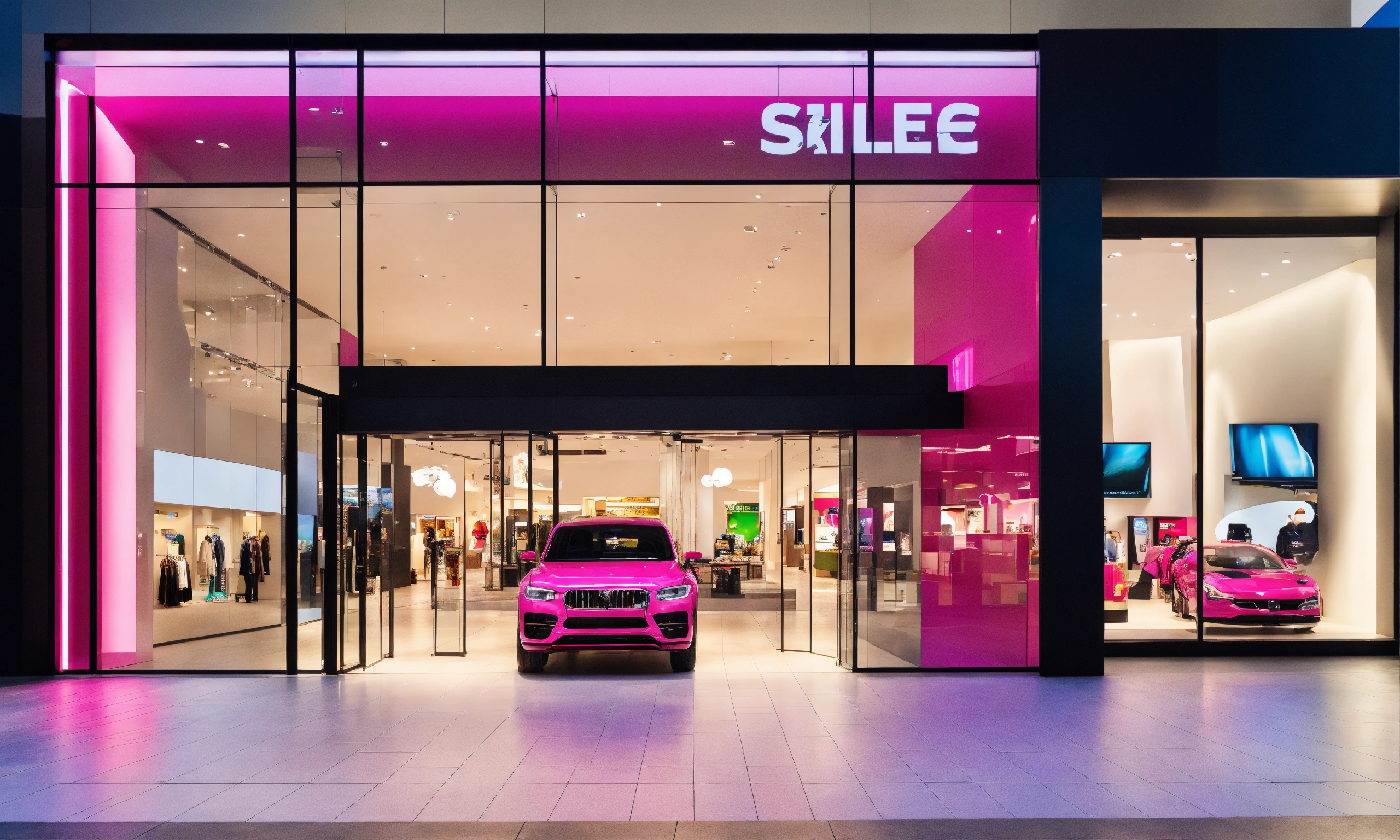 Lexica - Indoor, mall, car rental store, pink car, with large glass ...