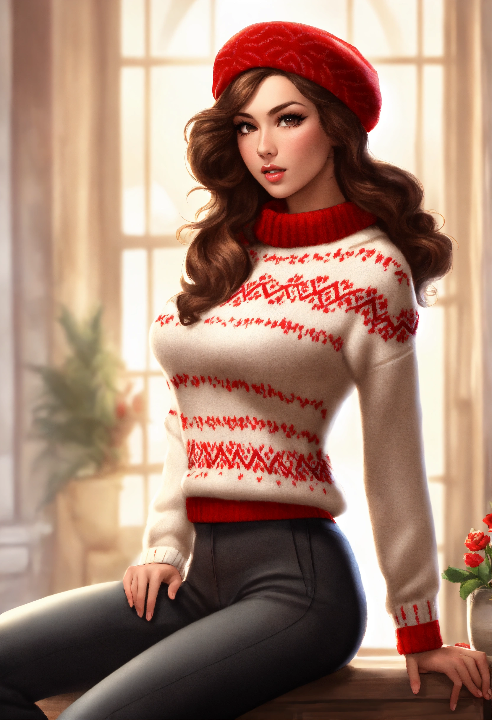 Lexica - Full body, beautiful pinup woman, long brown hair and large ...