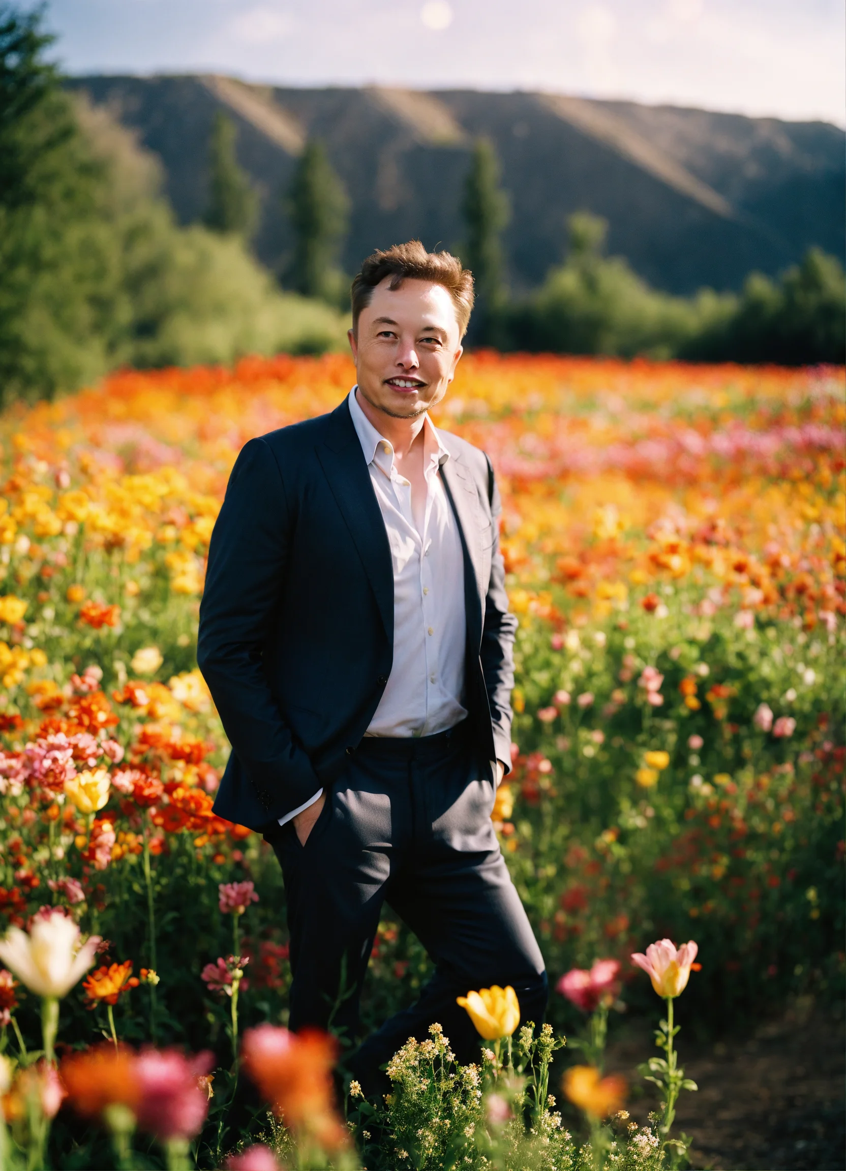 Lexica - Happy Elon Musk standing in a beautiful field of flowers ...