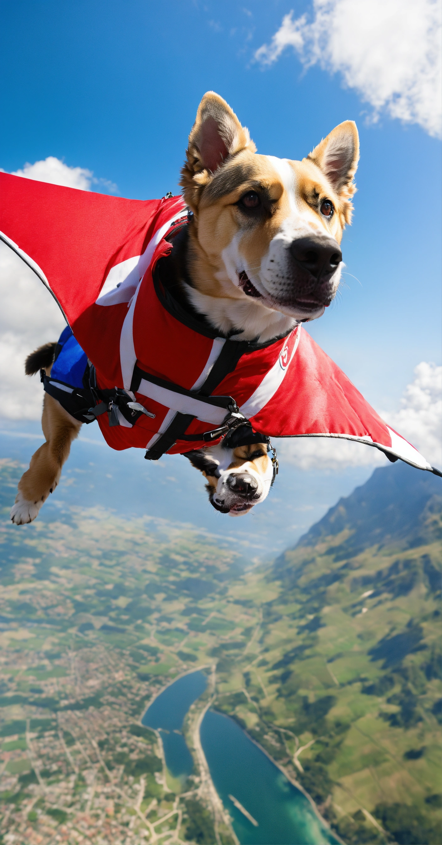 Lexica - Generate a picture of a dog as a wingsuit flyer, soaring ...