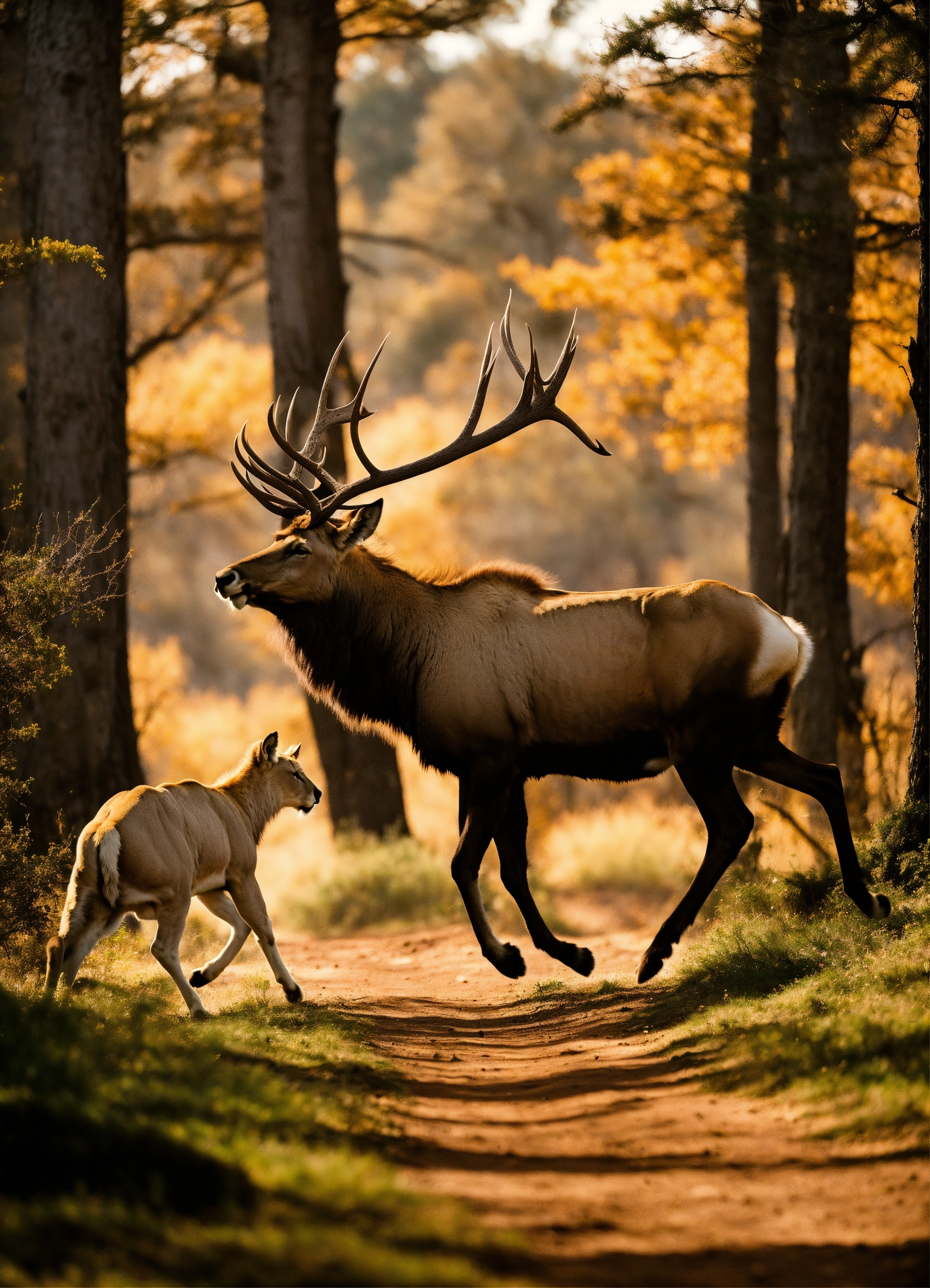 Lexica - A tall elk running from a white lioness pouncing onto the elk ...