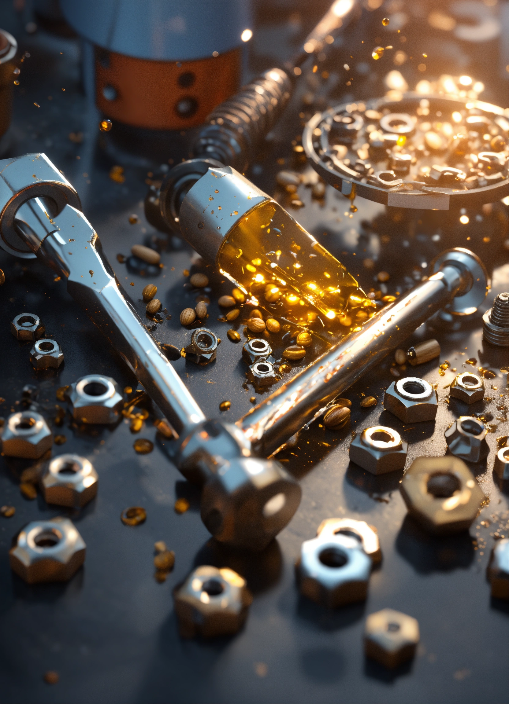 Lexica - Hand tools wrench etc floating 3d render, oil falling from the ...
