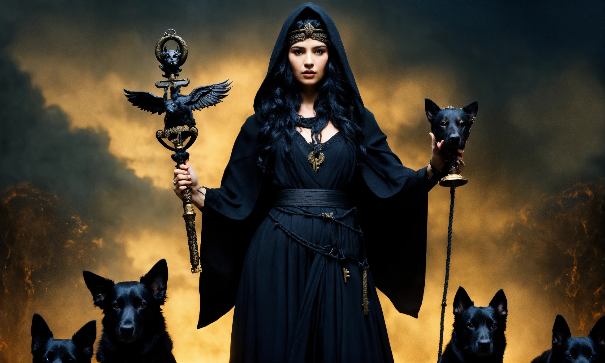 Lexica - Greek goddess Hecate, black hair, cloaked in a black robe, key ...