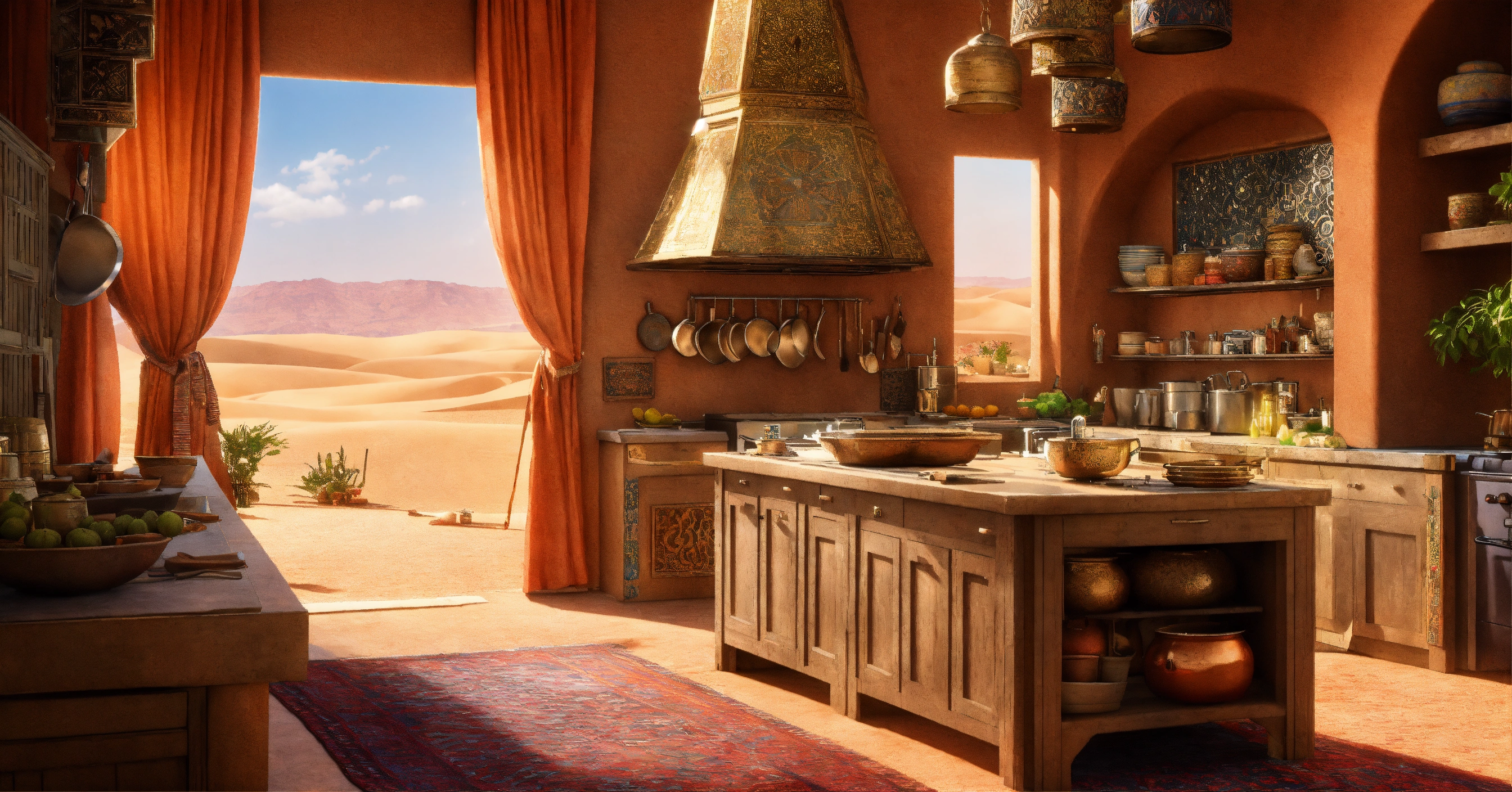 Lexica - Concept art of a large desert home kitchen, jakku, desert, hut ...