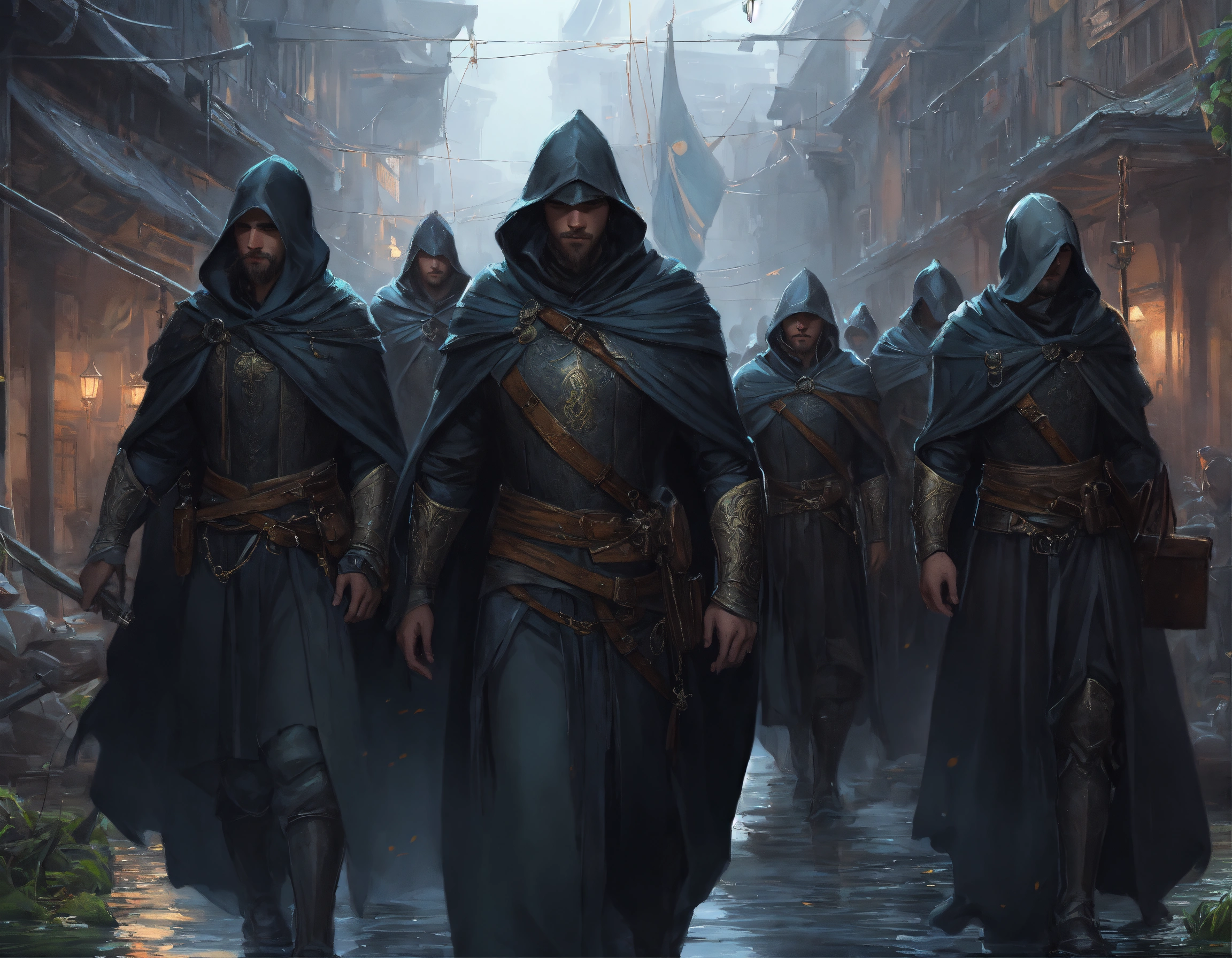 Lexica - Fantasy Painting, group of aligned male coscripts in black ...