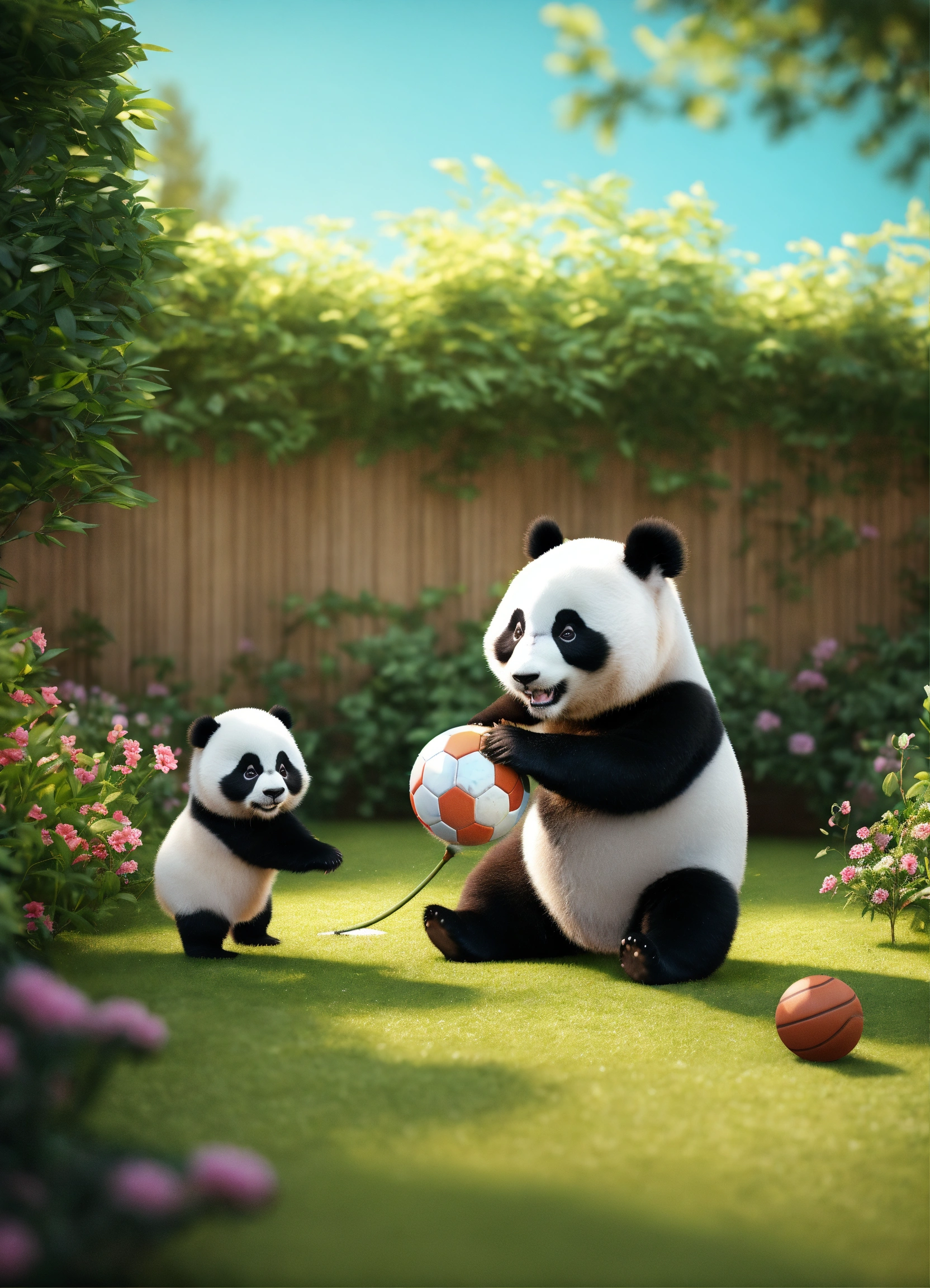 Lexica - 3d image of a little panda playing ball with his mother in the ...