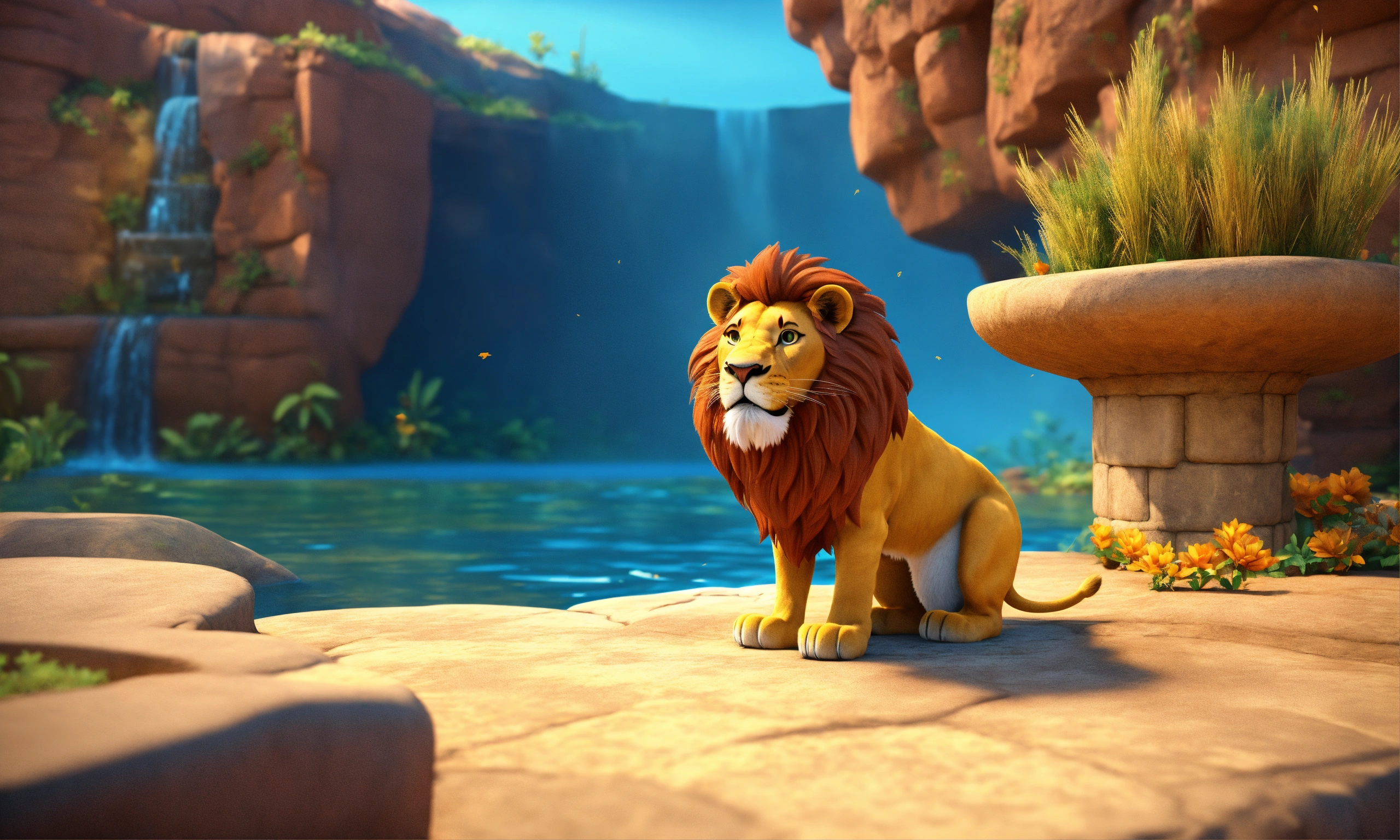 Lexica - 3d animation style cartoon lion seating at the edge of blue ...