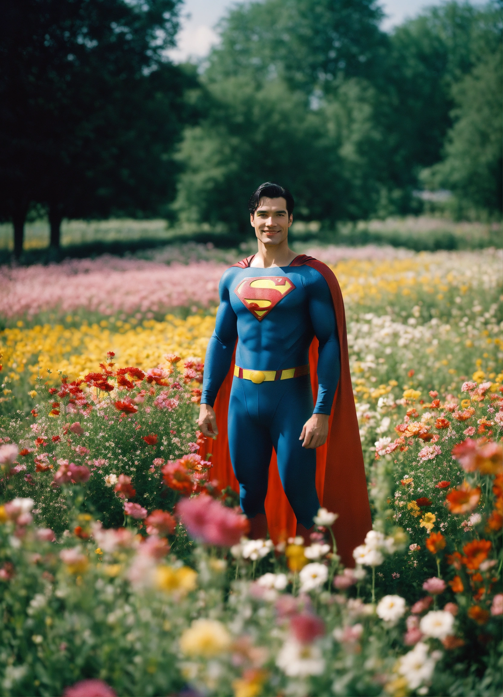 Lexica - Happy Superman standing in a beautiful field of flowers ...