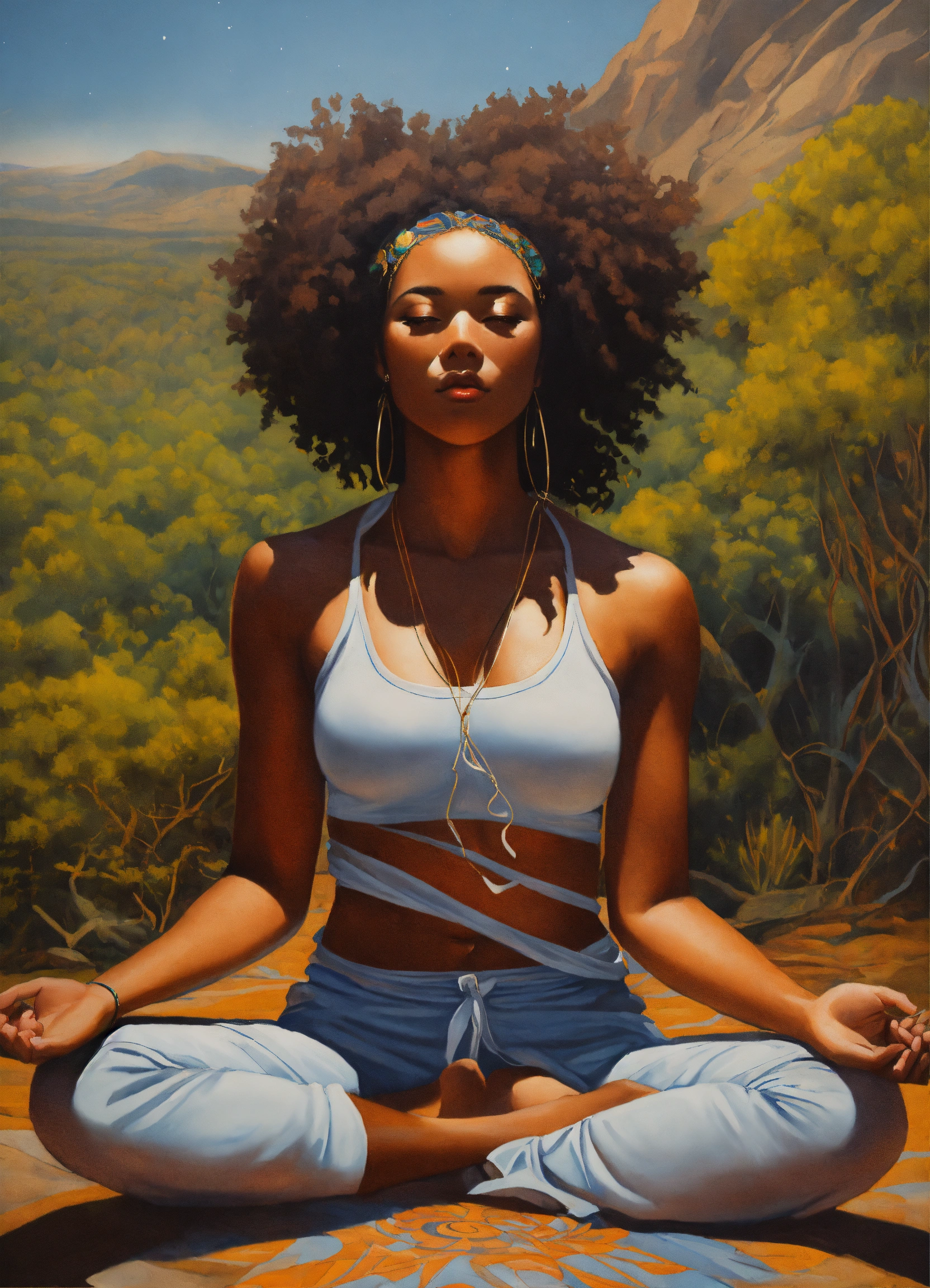 Lexica - A young melanated woman sits alone in nature, practicing ...