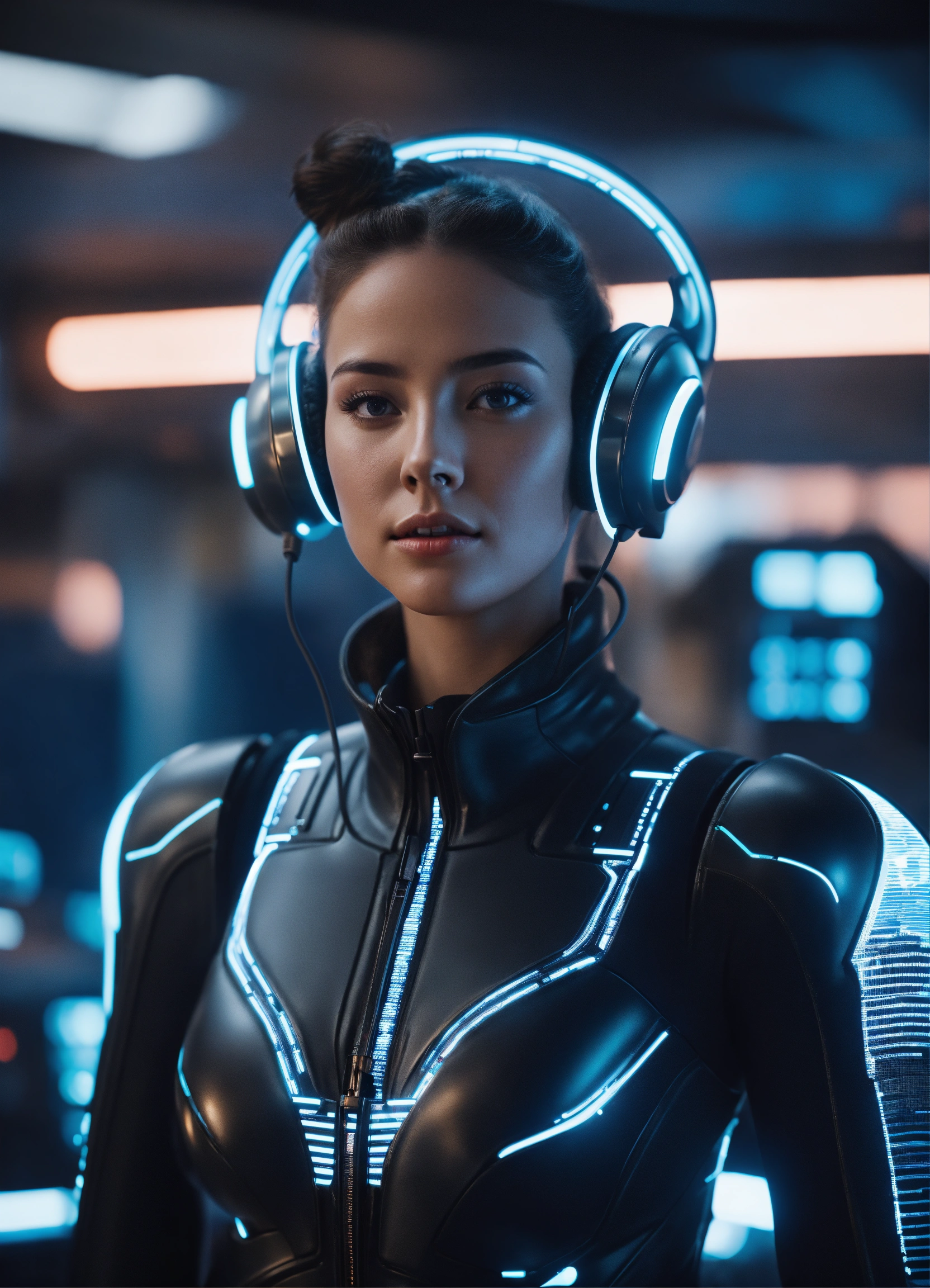 Lexica - Zoom out of a charming girl wearing a tight futuristic spy ...