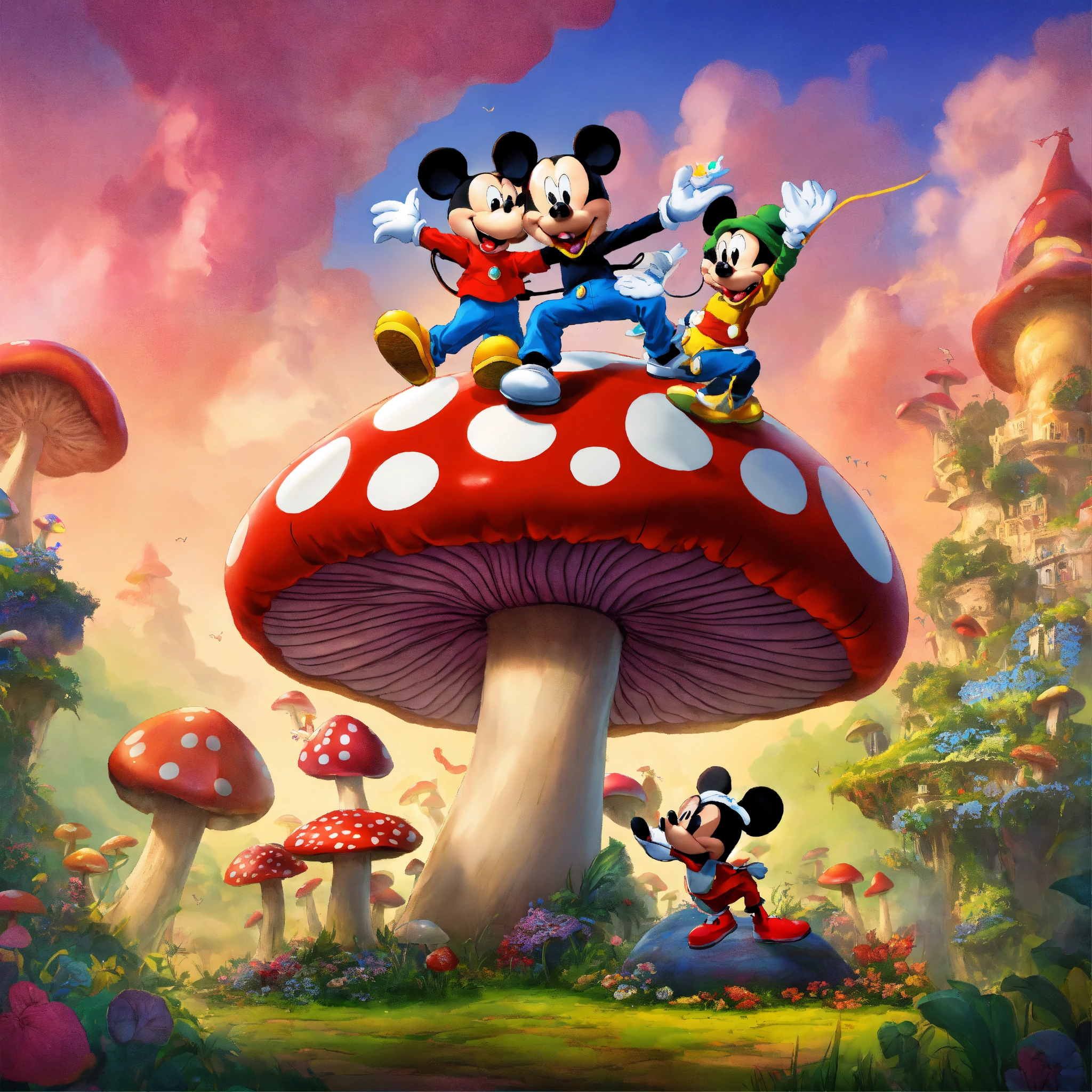 Lexica - Micky Mouse and Snoop Dogg jumping on a giant mushroom, wonder ...