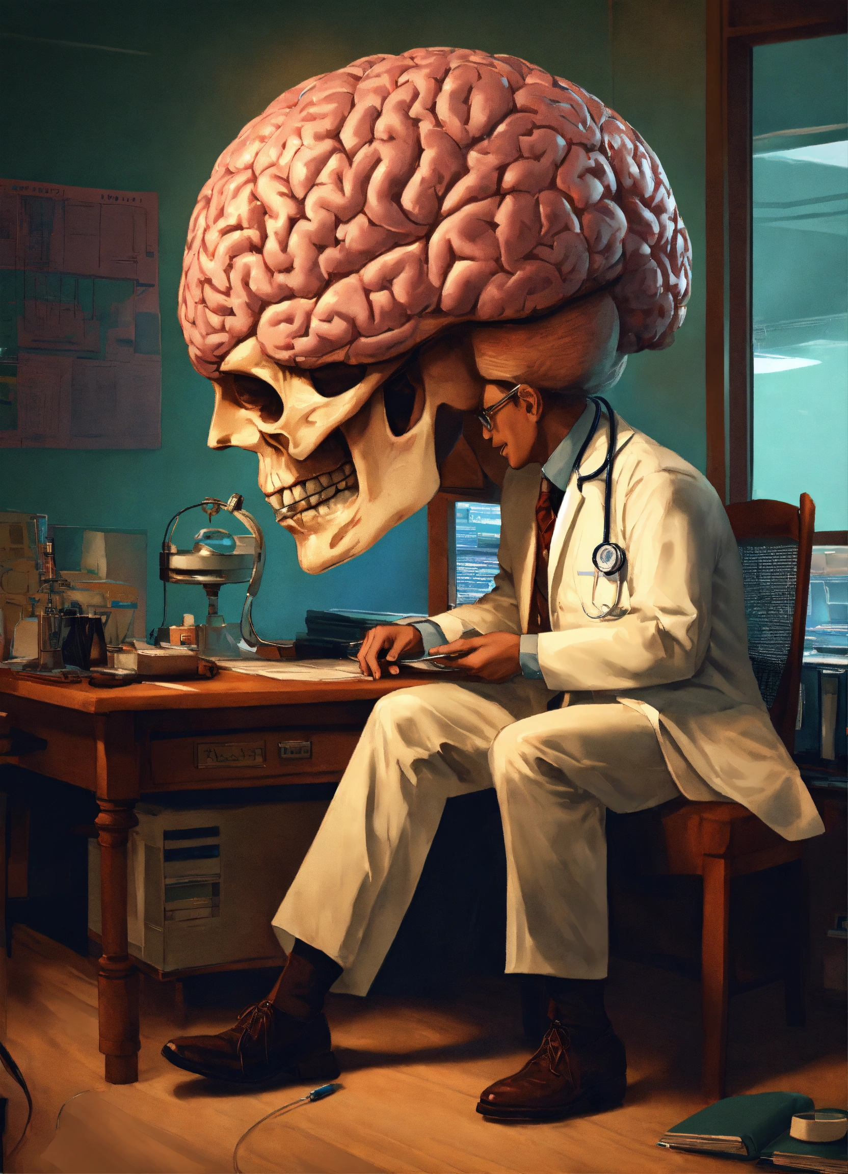 Lexica - A doctor with a huge brain over his head talks with his ...