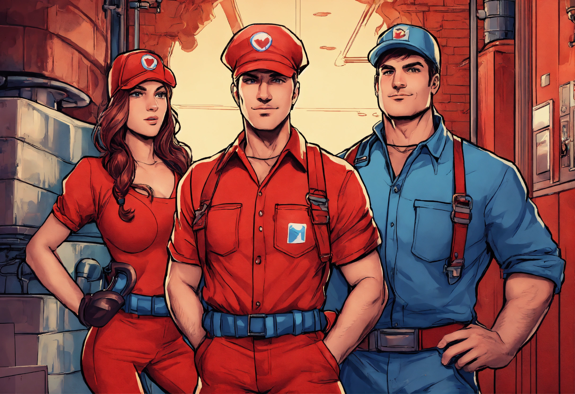 Lexica - Close up of two heroic plumber in a red outfit with a red hart ...