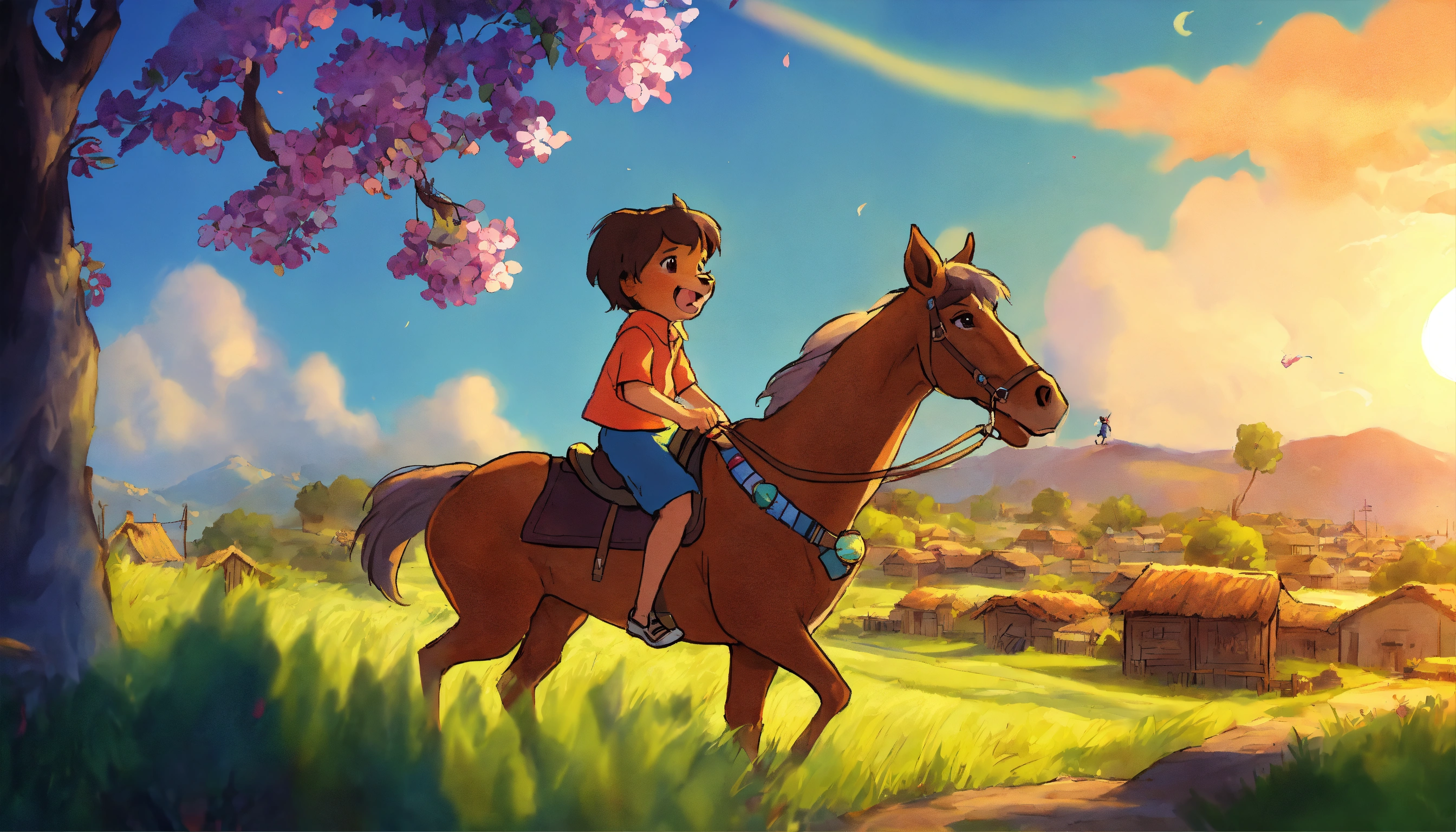 Lexica - A cartoon pictures of person riding on horse in indain village ...