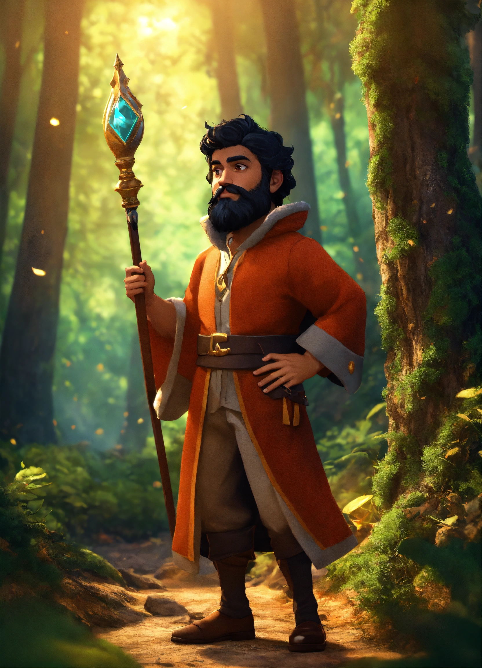 Lexica - A cartoon mage, with black beard and black hair, brown eyes ...