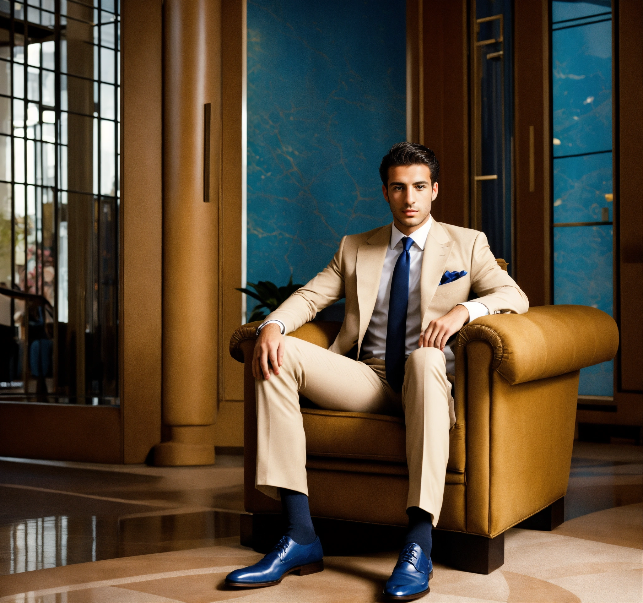 Lexica - A young Italian businessman, blue eyes, in beige suit, large ...