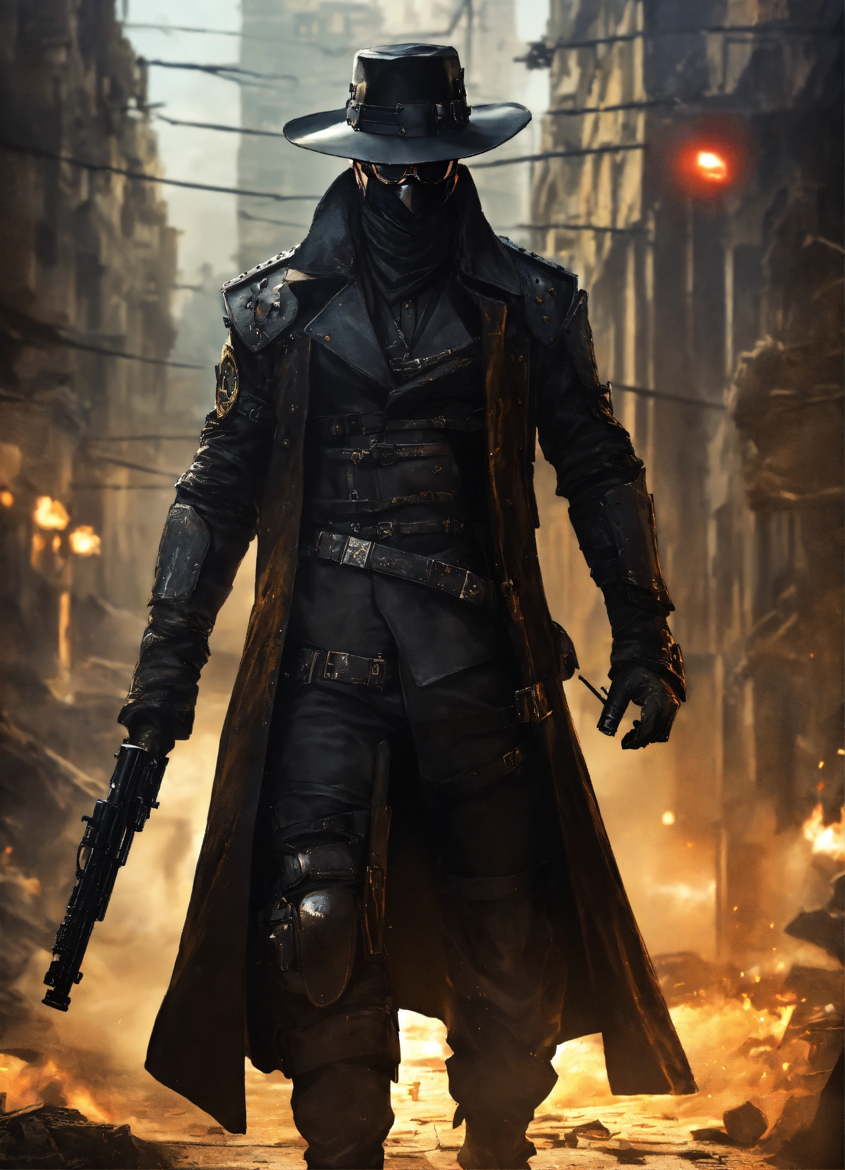 Lexica - In a ruined city, a white mercenary in an black armored back ...