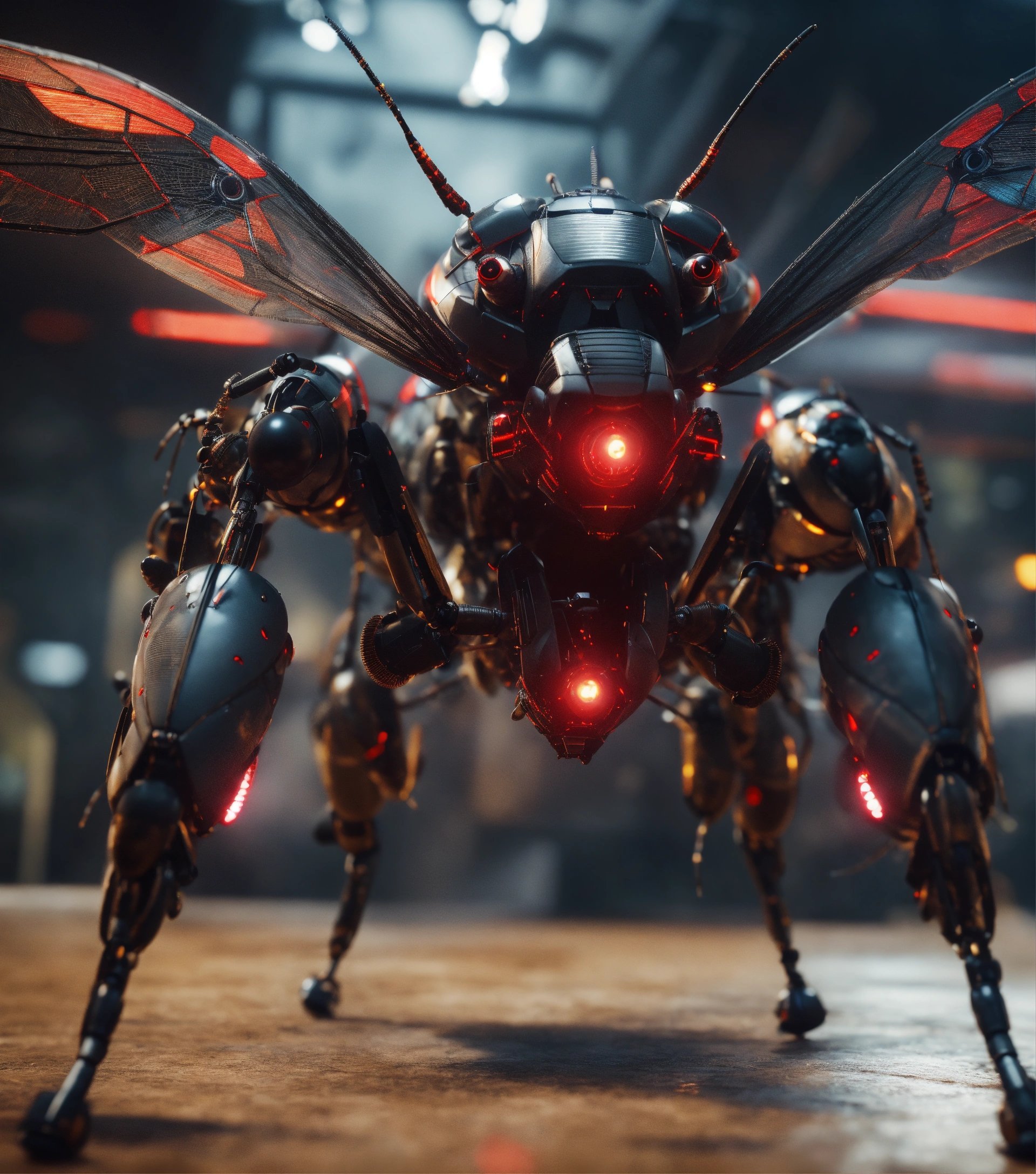 Lexica - Large flying black angry robotic hornets with red eyes and ...