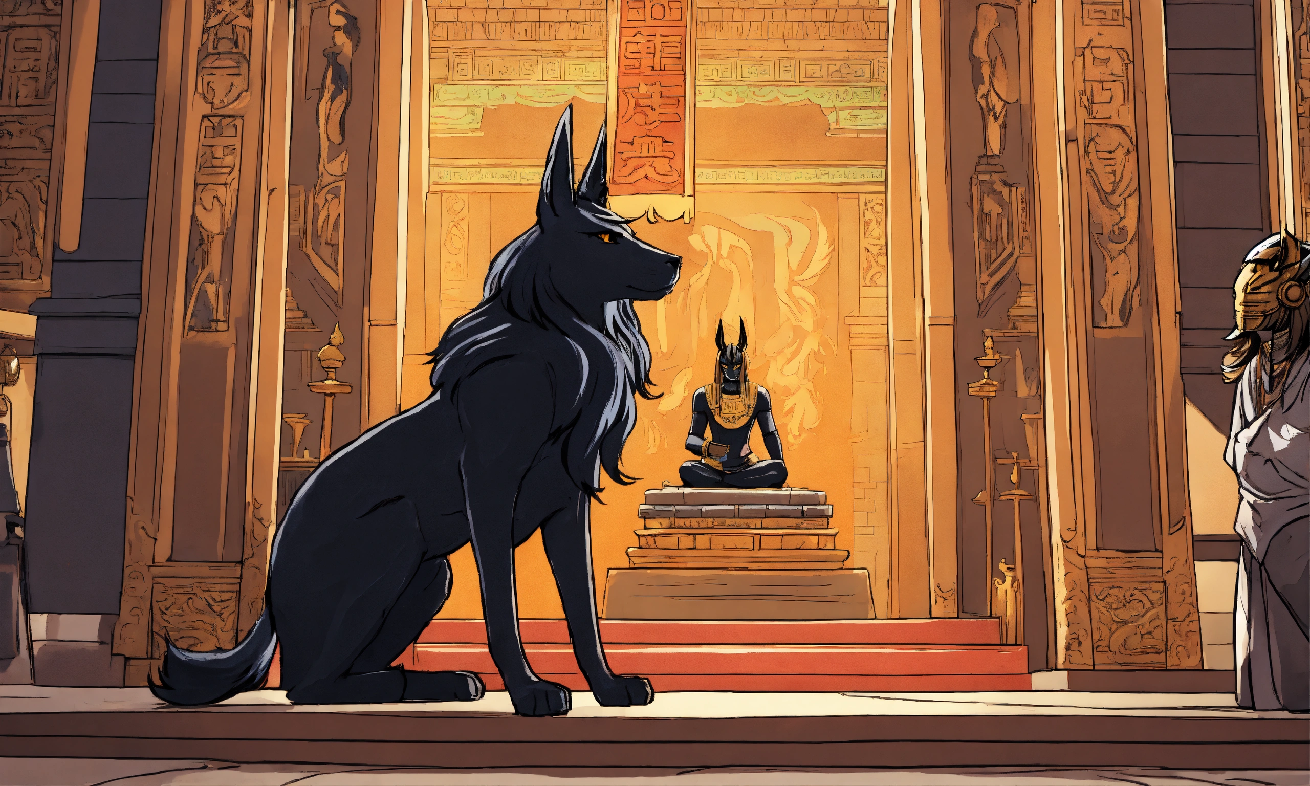 Lexica - Black long haired Anubis at a temple. comic