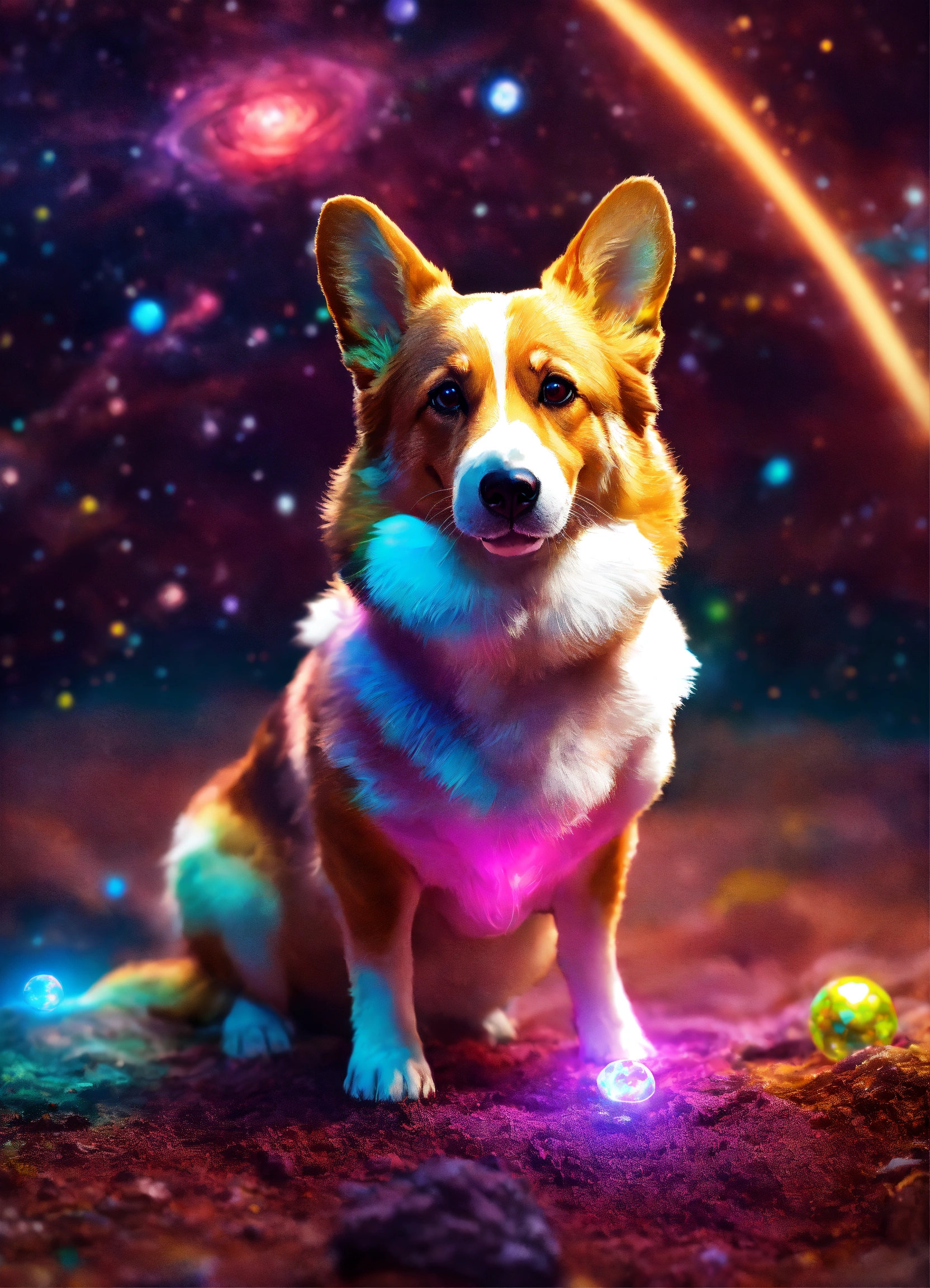 Lexica - The Cosmic Corgipede's multiple, glowing, cosmic-colored legs ...