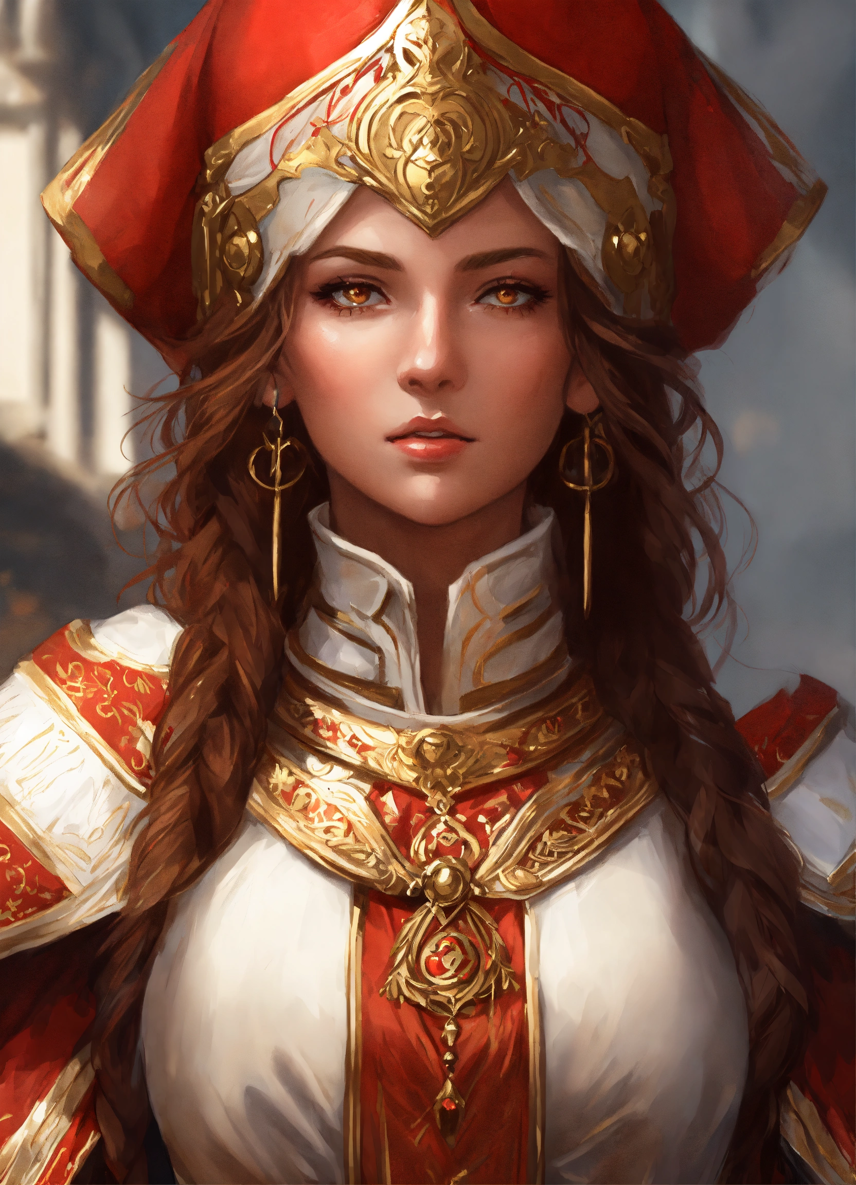 Lexica - Praios female cleric, red and white clothes, gold details ...