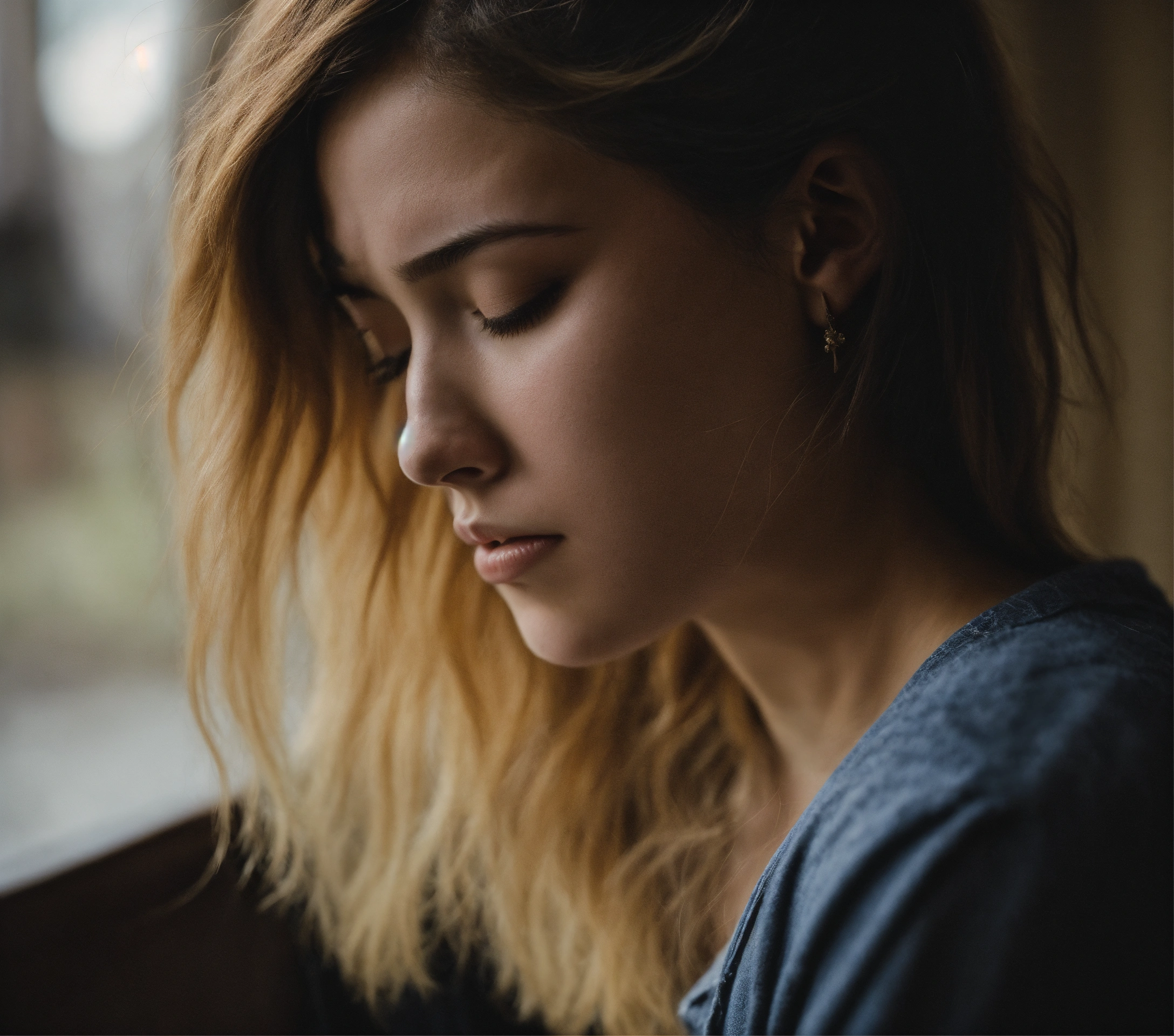 Lexica - A young woman with her head down with a sad expression