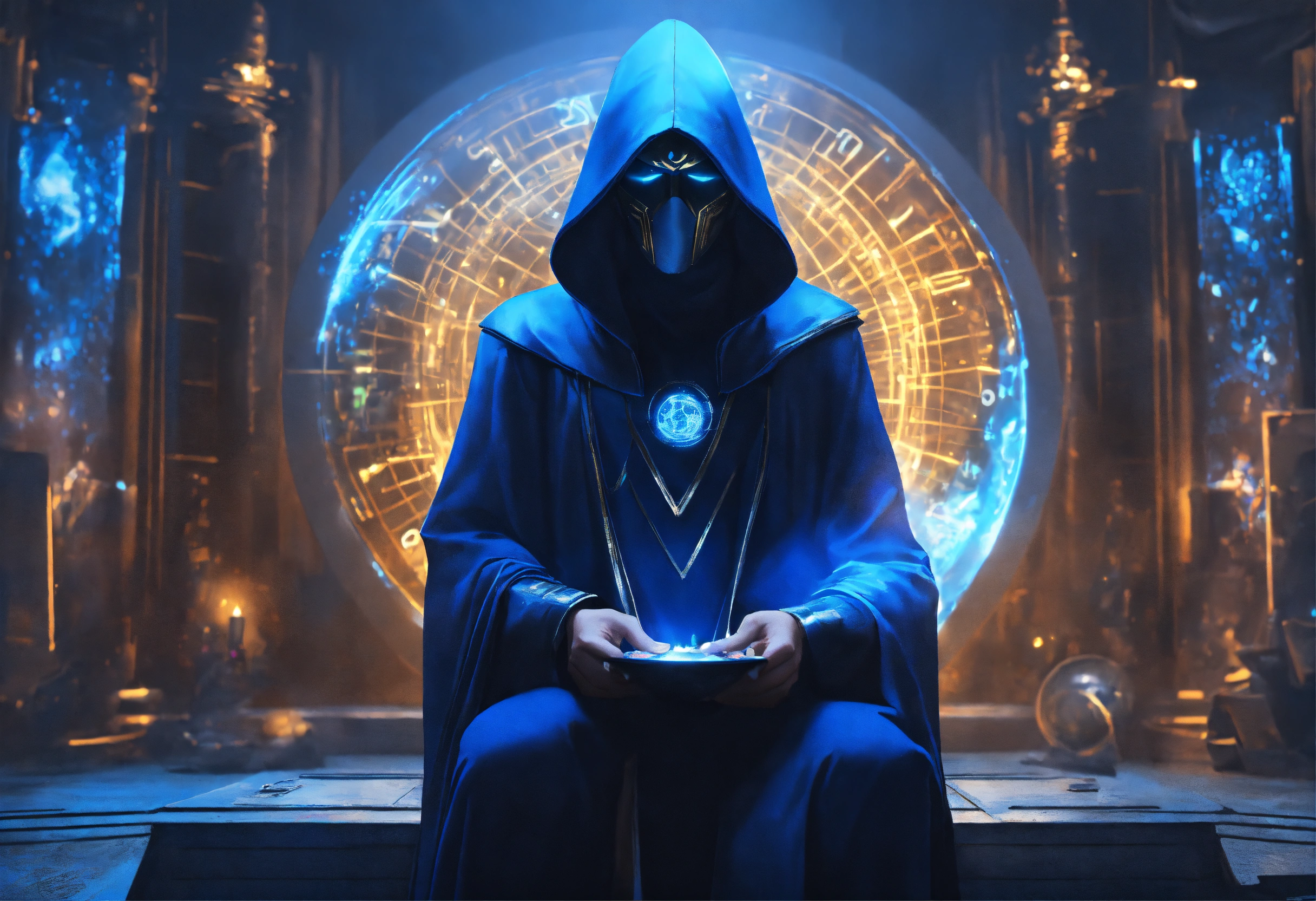 Lexica - A black and blue cloaked masked sorcerer casting a spell ...