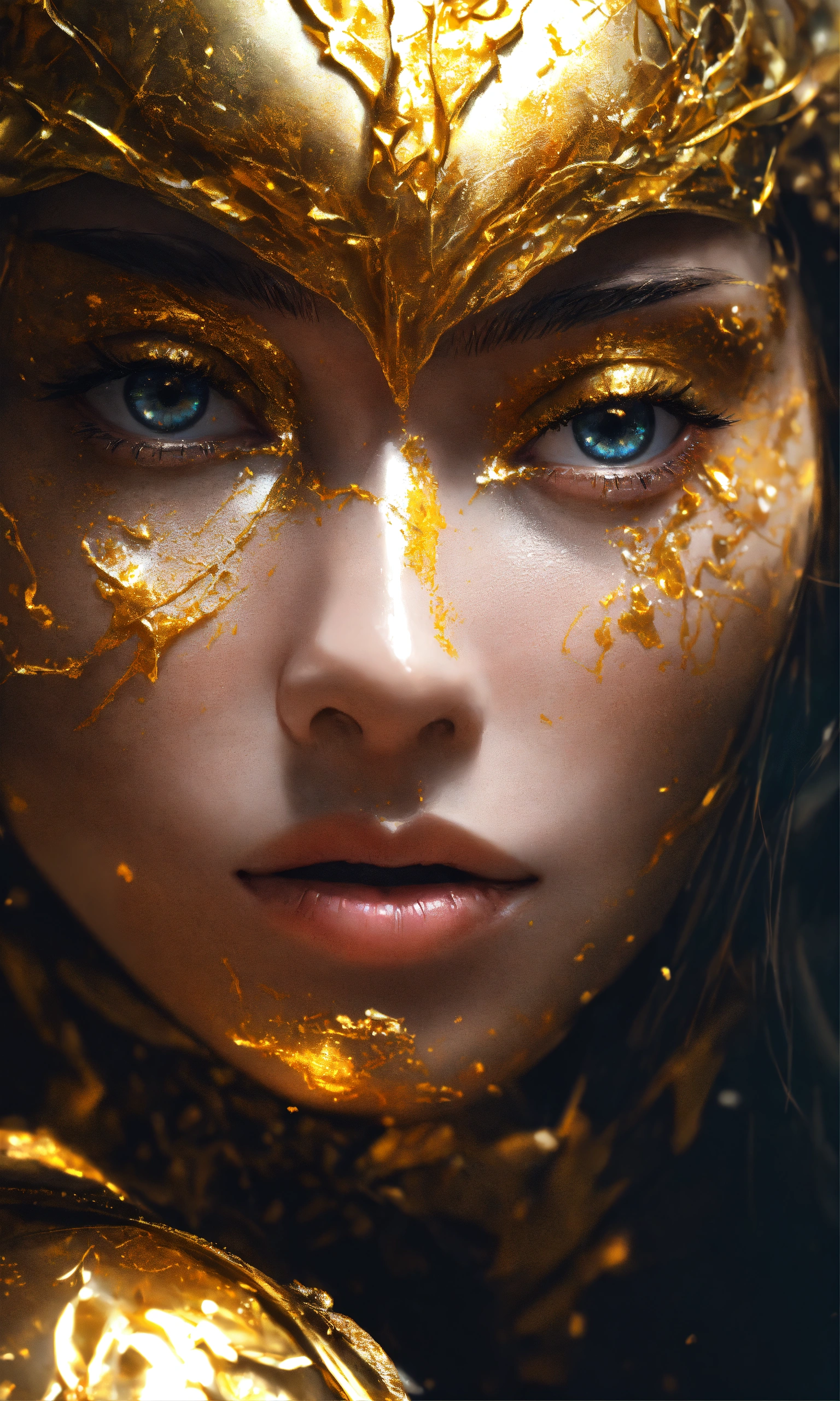 Lexica - Beatiful woman, close up, tear running down cheek, in tear pure gold, artstation